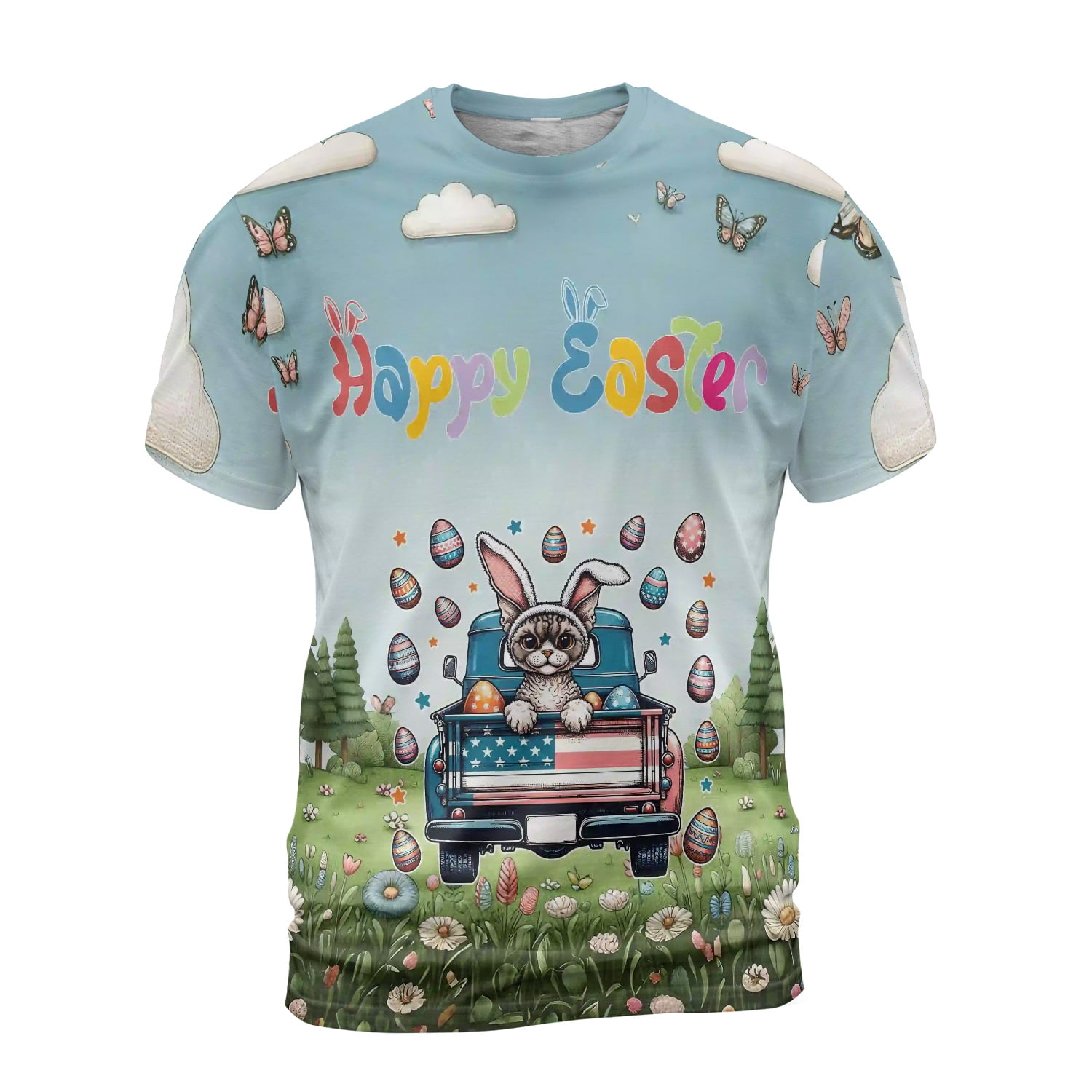 Happy Easter Devon Rex American Flag Truck Bunny Ears All Over Print 3D Shirt Unisex Merch Cat ...