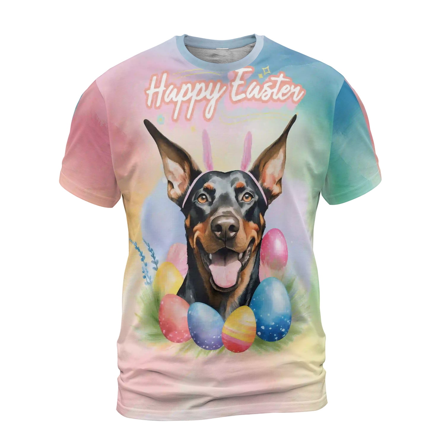 Happy Easter Doberman Pinscher with Bunny Ear Headband and Flowers All ...