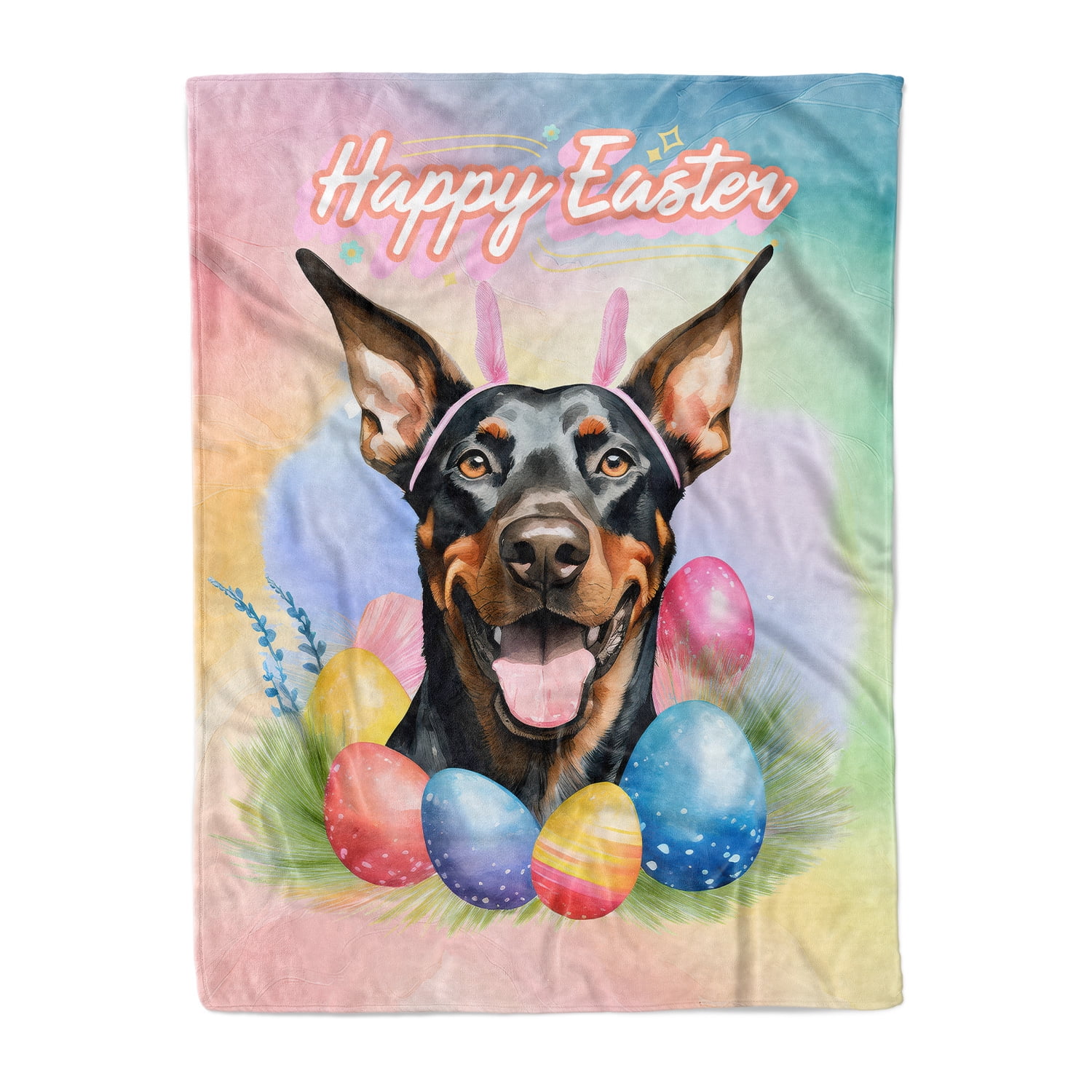 Happy Easter Doberman Pinscher with Bunny Ear Headband and Flowers Cozy ...