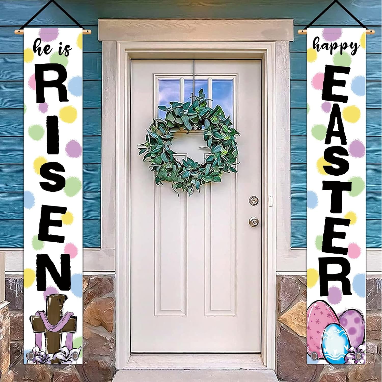 Happy Easter Door Banner He is Risen Cross Eggs Front Door Banner Porch ...