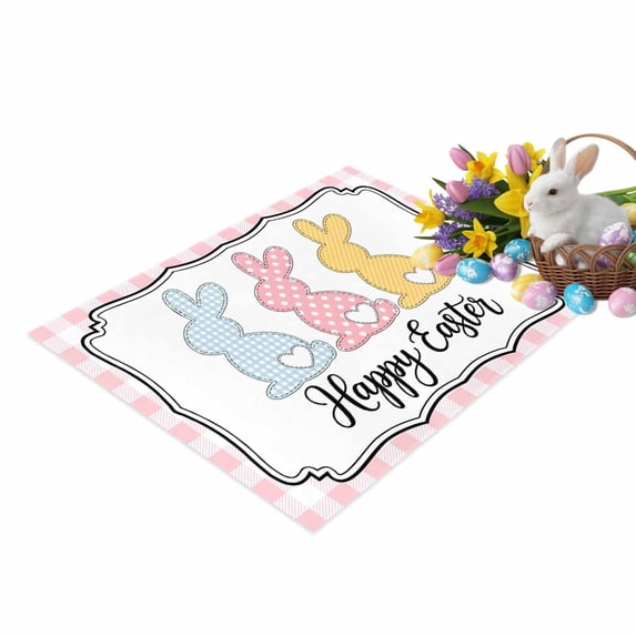 Happy Easter Door Mat Spring Cute Love Rabbit White and Pink Plaid Non ...