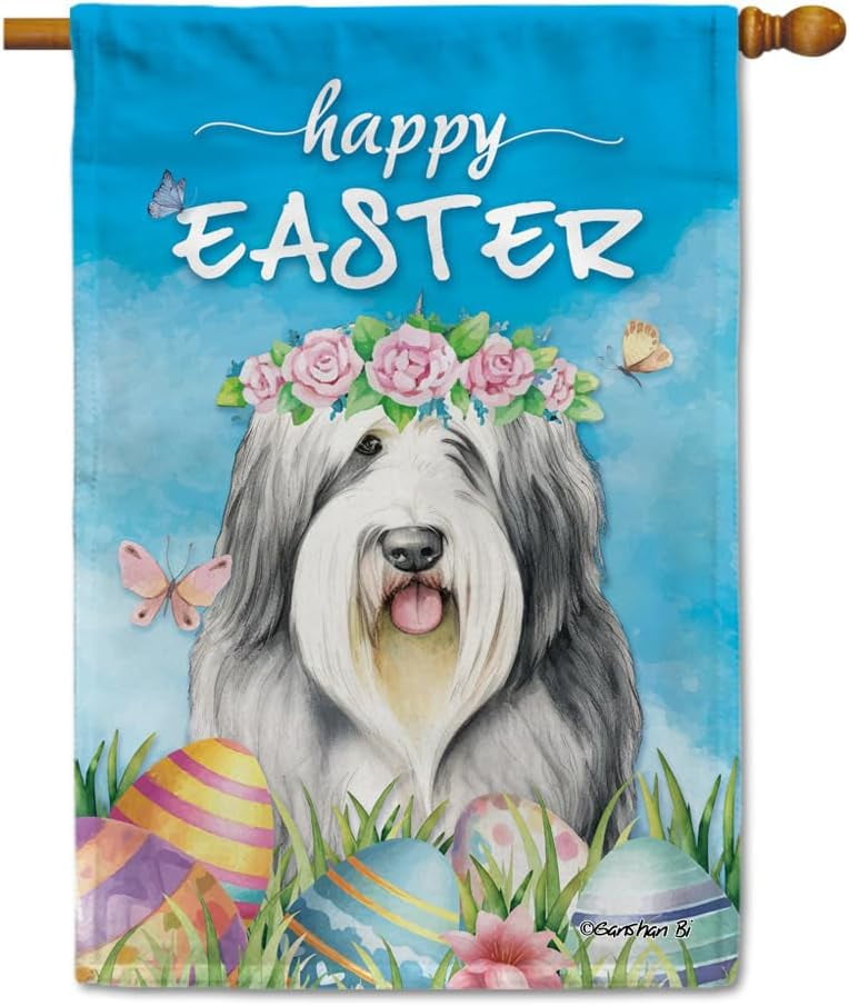 Happy Easter English Sheepdog House Flag Watercolor Dog with Easter ...