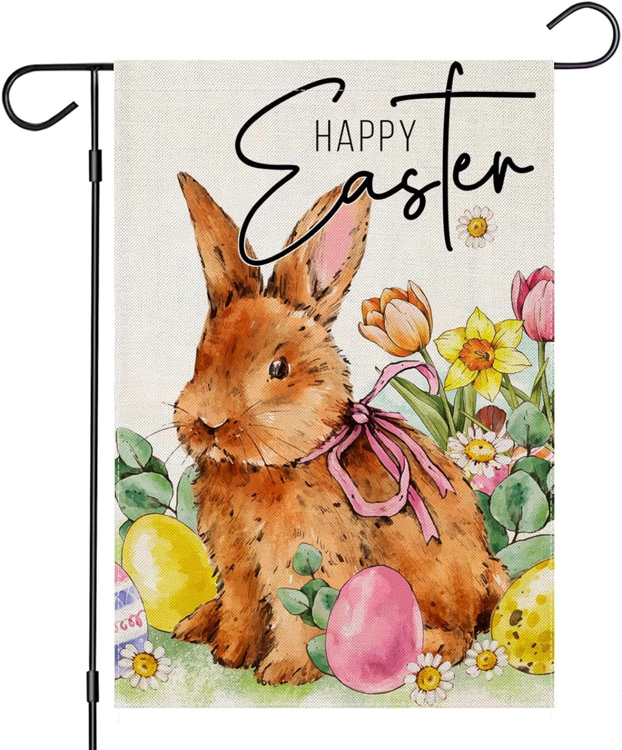 Happy Easter Garden Flags for Outside, Cartoon Bunny with Flowers Eggs ...