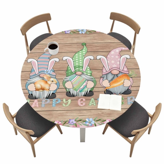 Happy Easter Gnome Round Fitted Tablecloth with Elastic Edge Rabbits ...