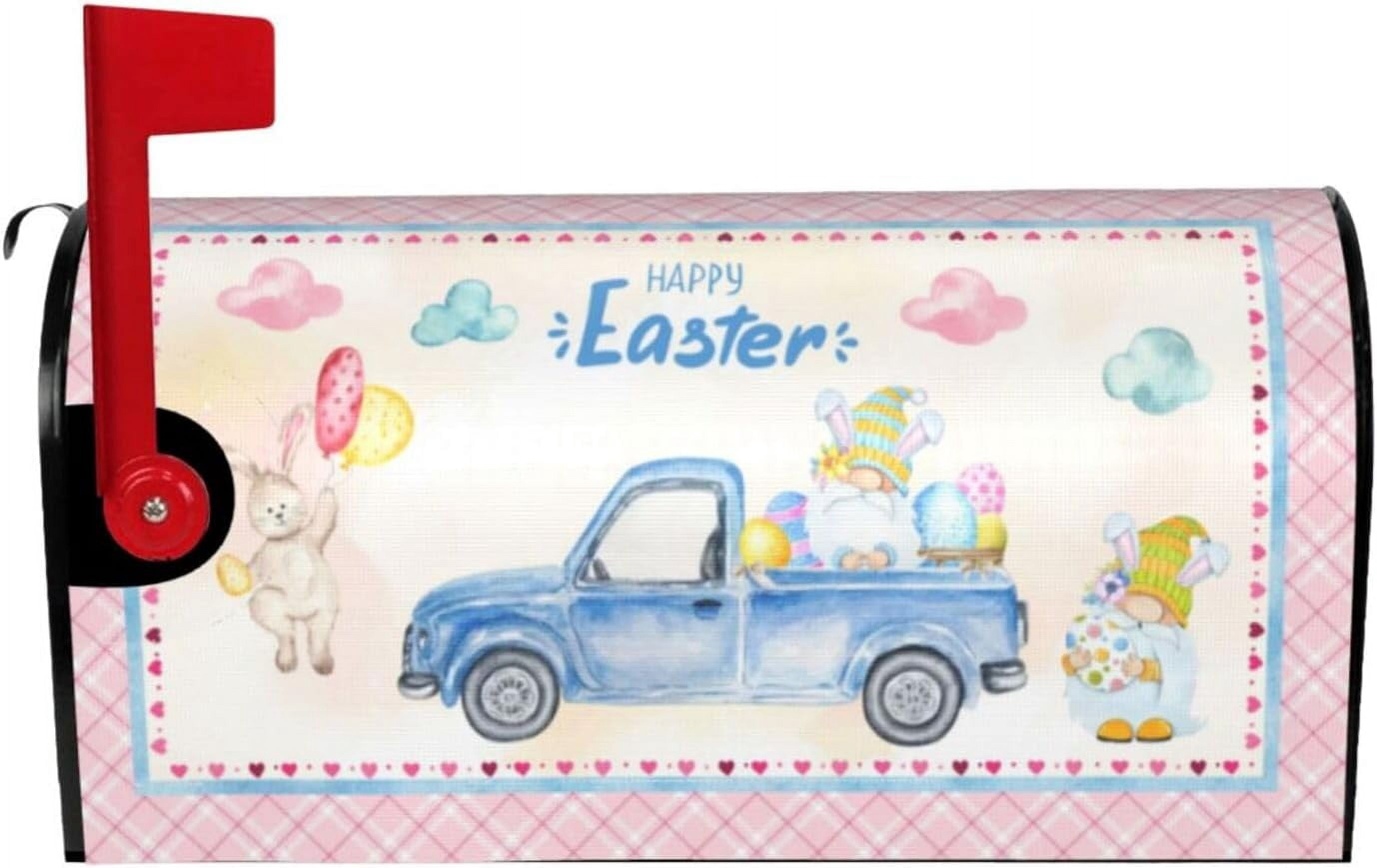 Happy Easter Gnomes Blue Truck Mailbox Covers, Pink Cute Buffalo Plaid ...