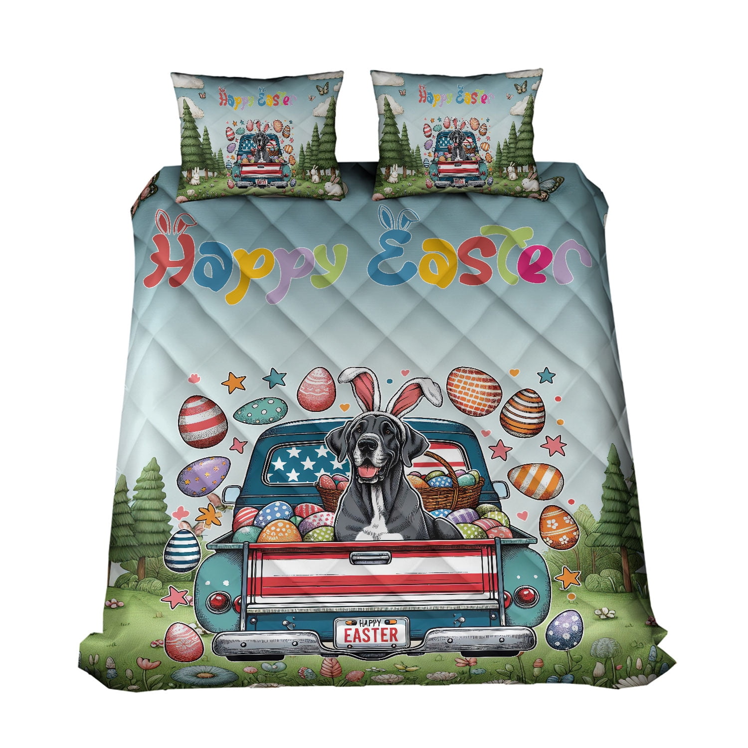 Happy Easter Great Dane American Flag Truck Bunny Ears Quilt Bedding ...