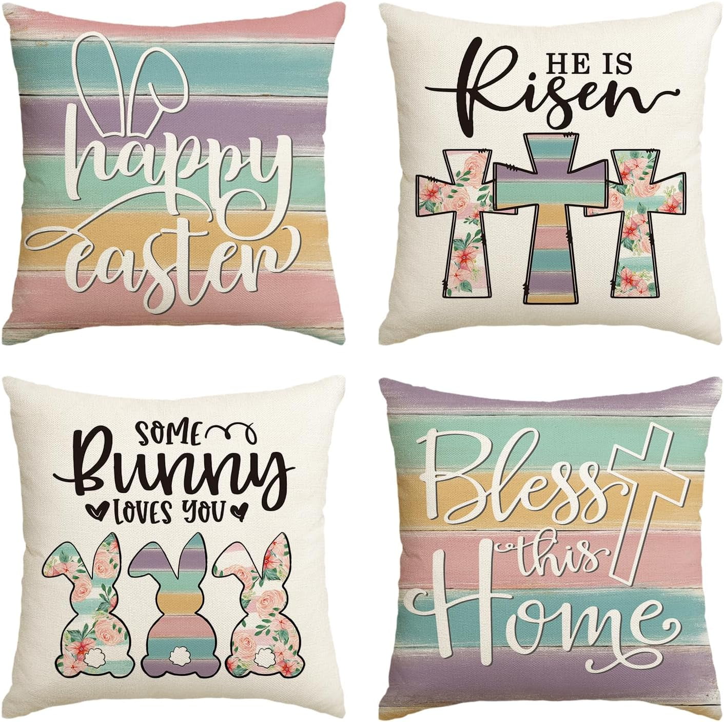 Happy Easter He is Risen Throw Pillow Covers, 20 x 20 Inch Cross Bunny ...
