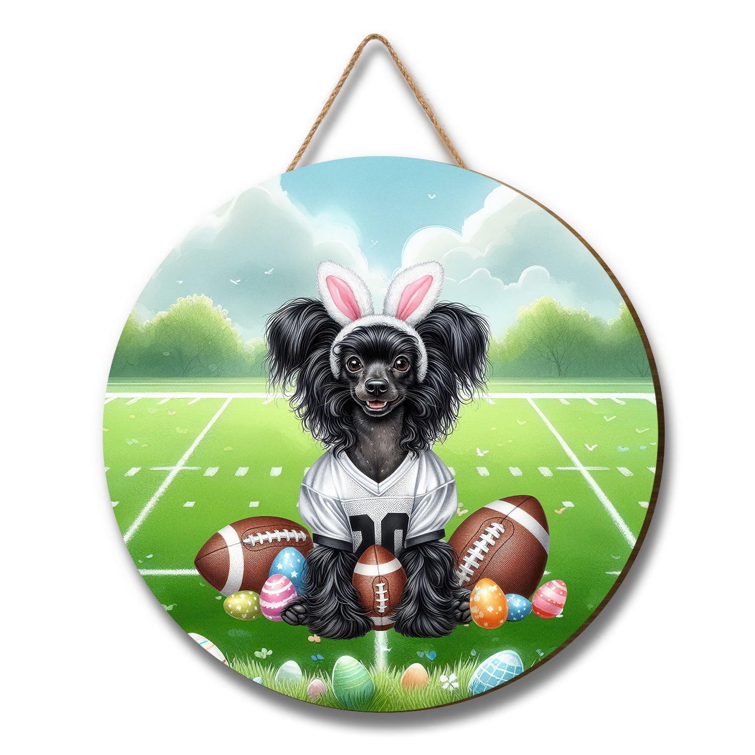 Happy Easter Hello Spring Chinese Crested Playing Football Round Wood ...