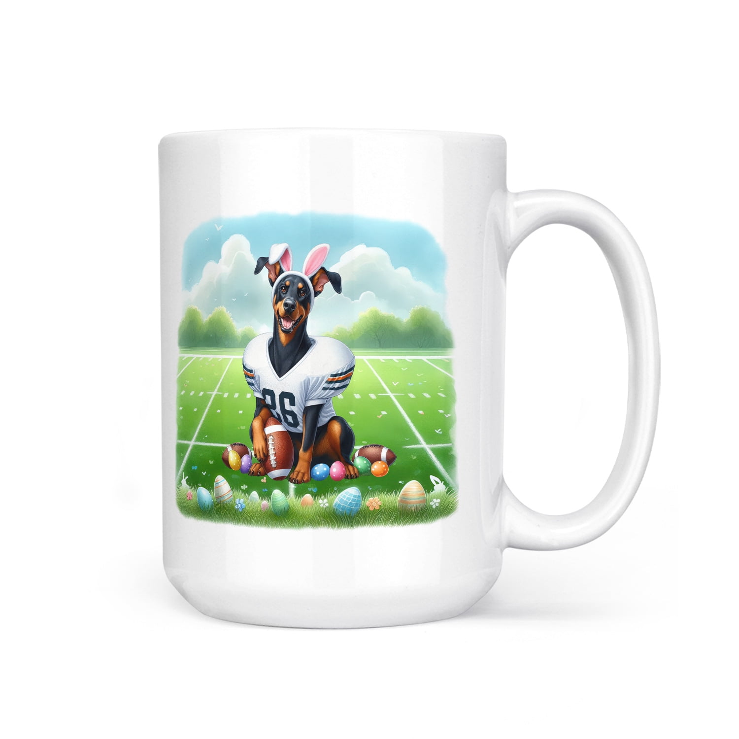 Happy Easter Hello Spring Doberman Pinscher Playing Football Mug ...
