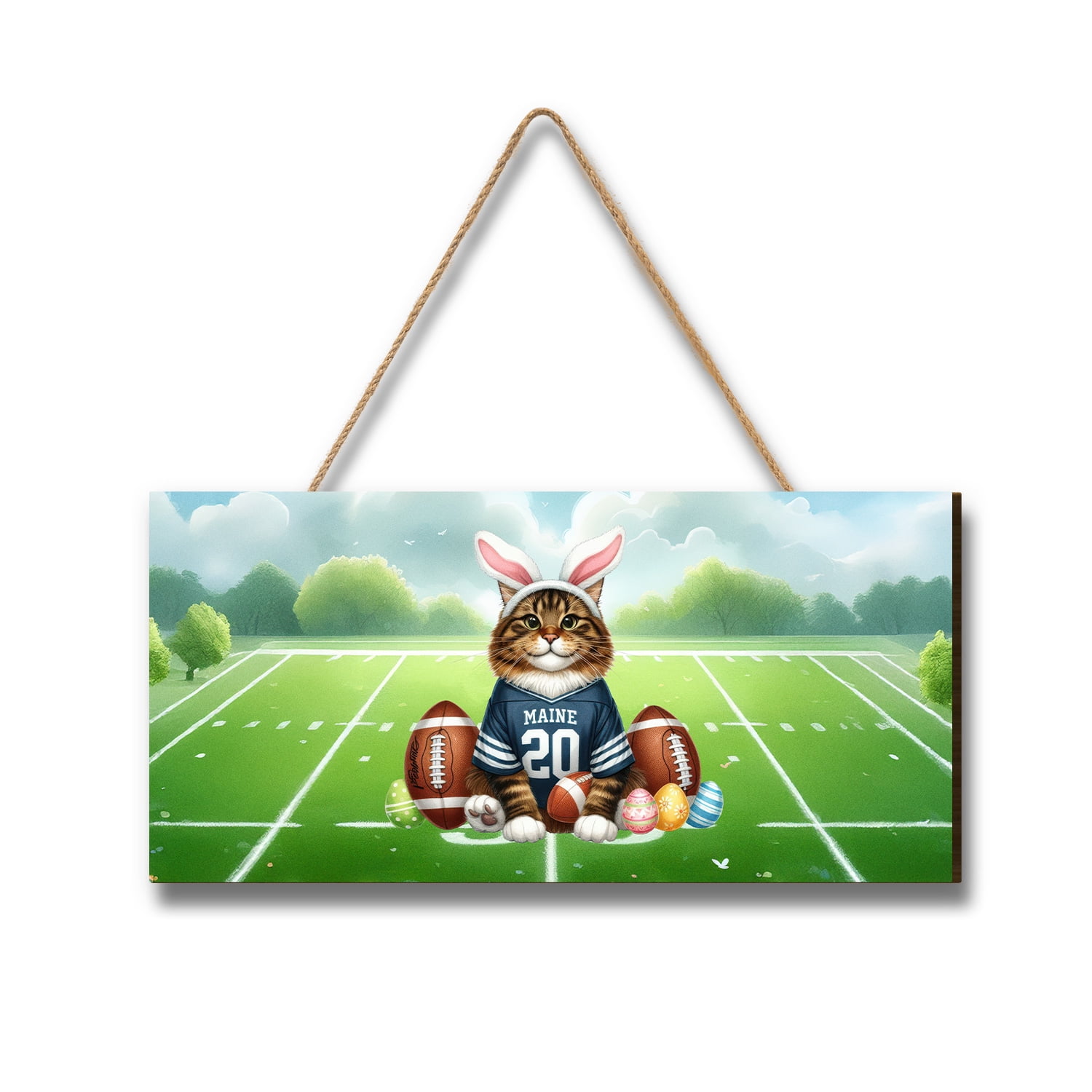 Happy Easter Hello Spring Maine Coon Playing Football Landscape Wood ...