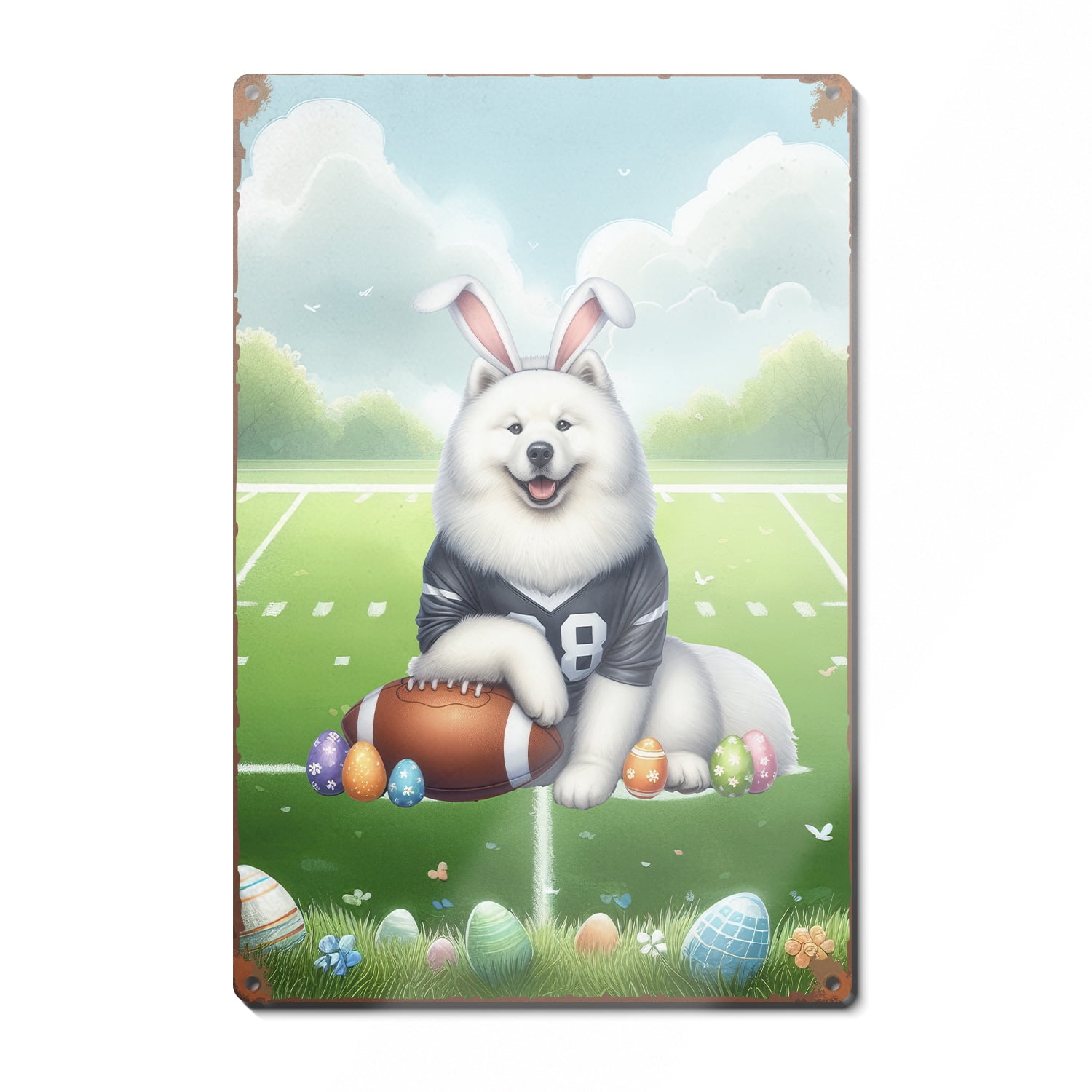 Happy Easter Hello Spring Samoyed Playing Football Vertical Metal ...