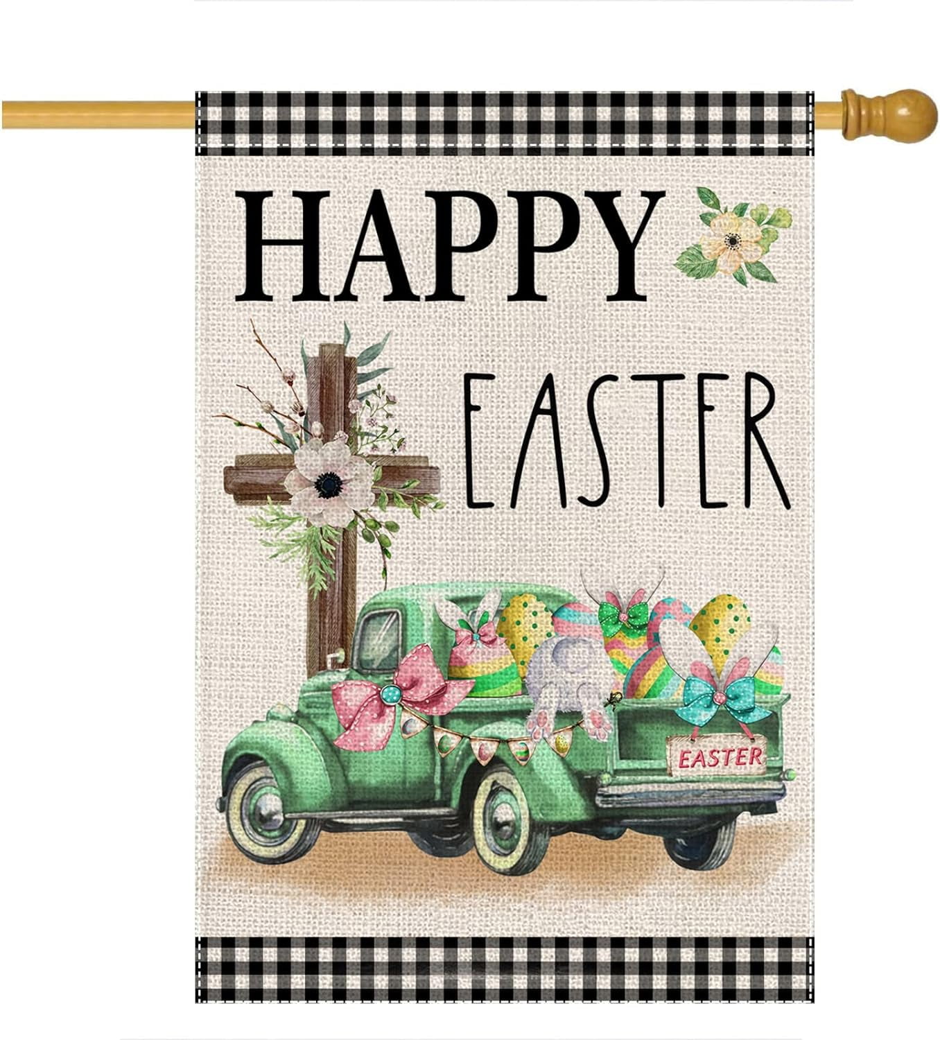 Happy Easter House Flag 28 x 40 Double Sided,Buffalo Plaid with Truck ...