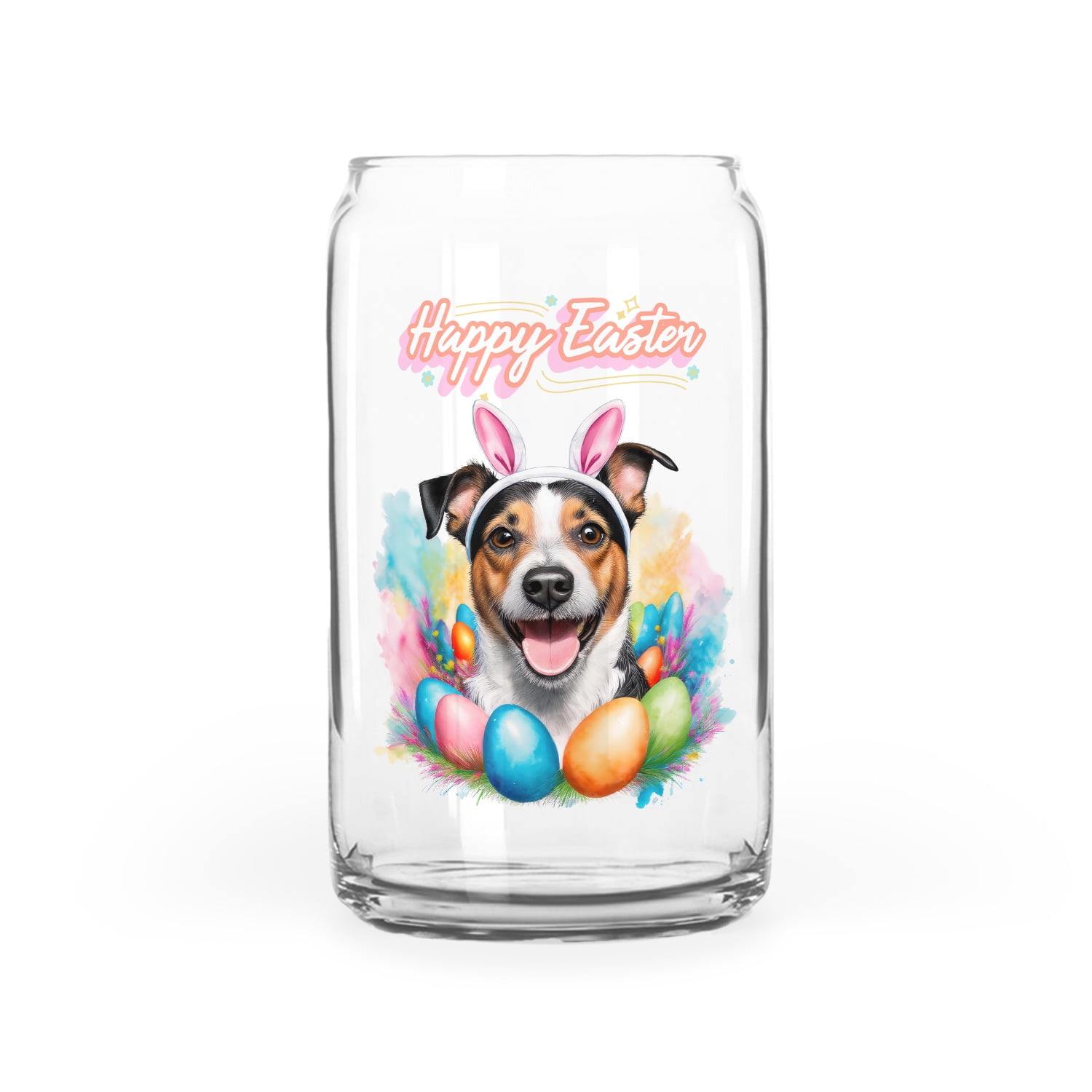 Happy Easter Jack Russell Terrier with Bunny Ear Headband and Flowers 16oz Glass Cup Mug Parson ...