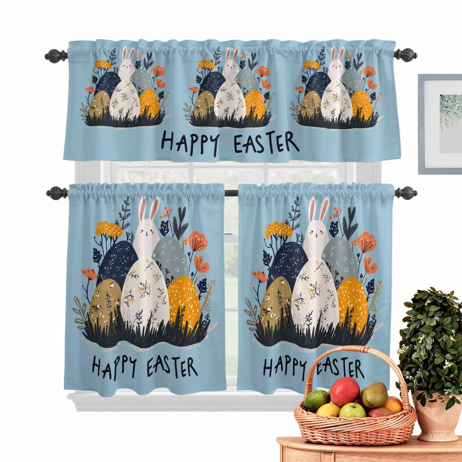 Happy Easter Kitchen Curtains Valances 3 Piece Set, Spring Eggs Flowers ...