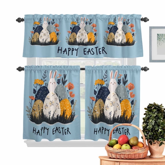 Happy Easter Kitchen Curtains Valances 3 Piece Set, Spring Eggs Flowers ...