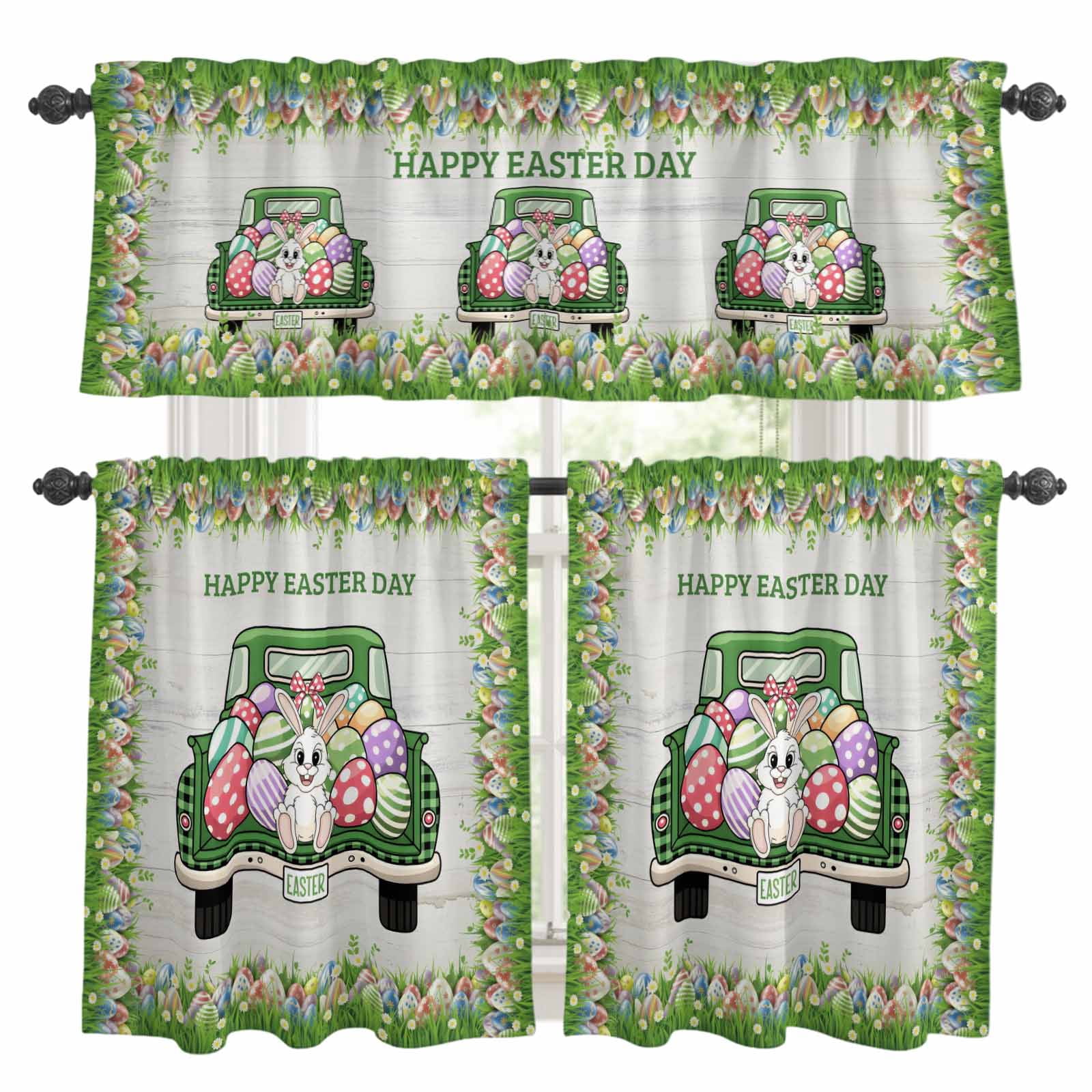Happy Easter Kitchen Curtains and Valances Set, Cartoon Truck Rabbit ...