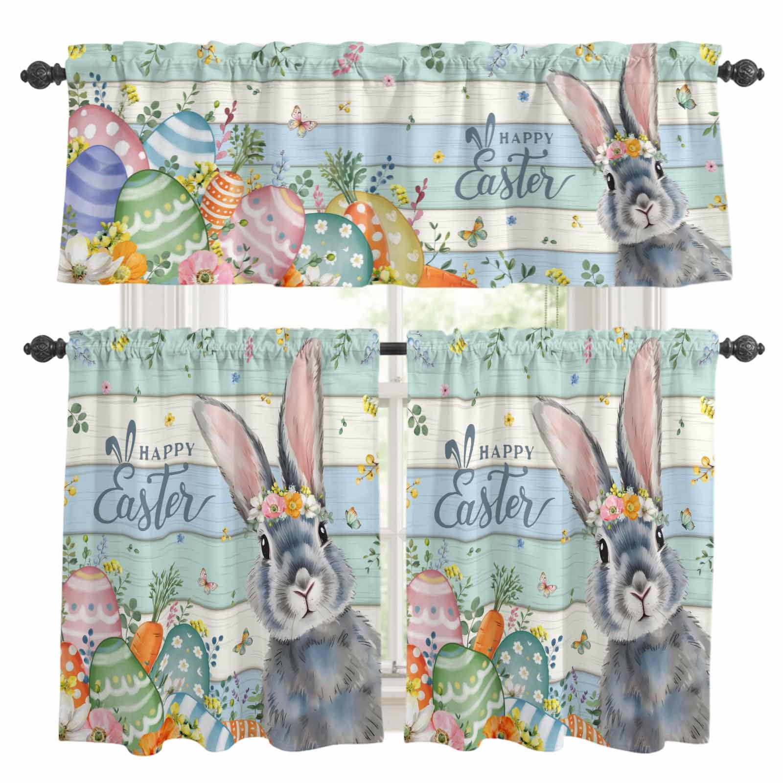 Happy Easter Kitchen Curtains and Valances Set, Spring Floral Rabbit ...