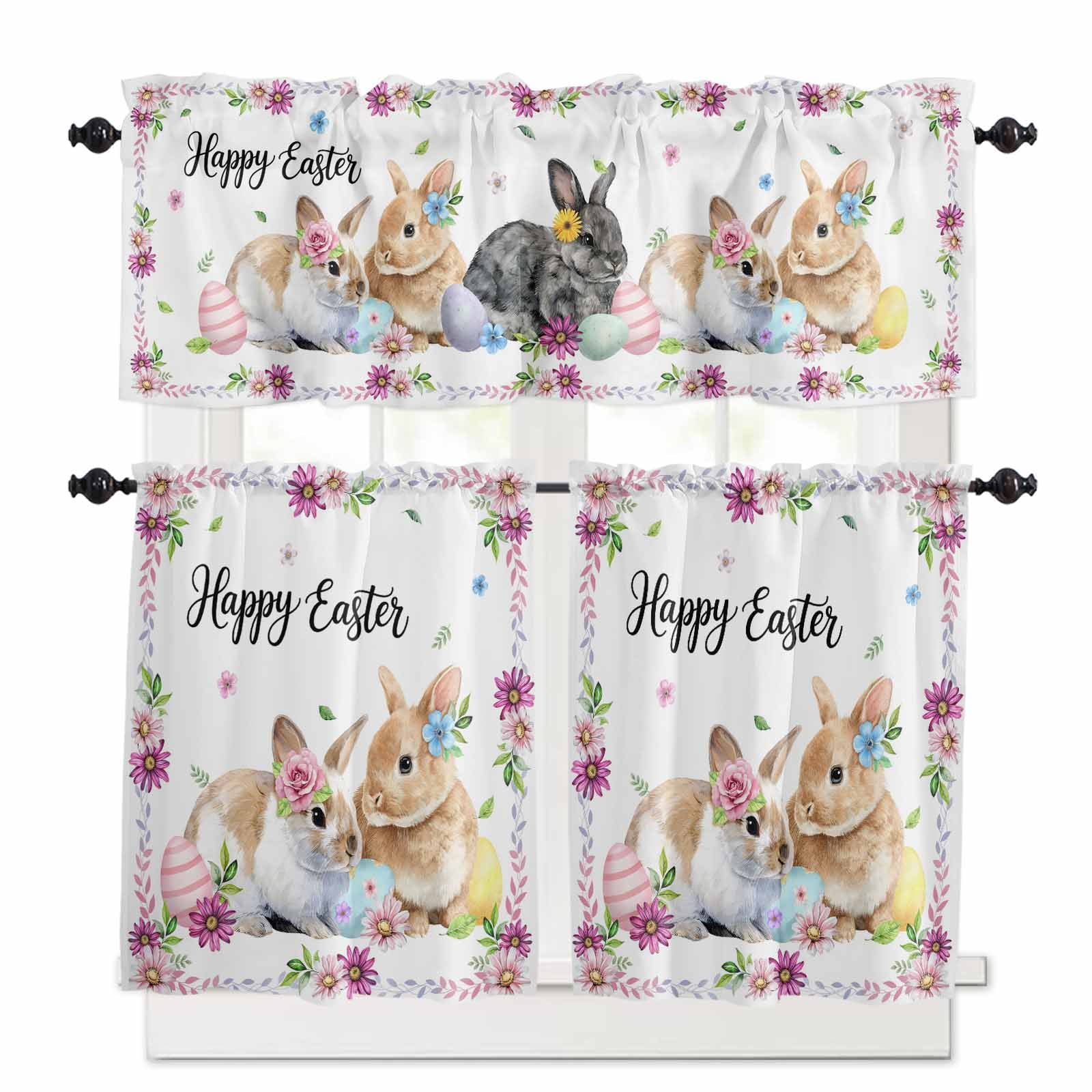 Happy Easter Kitchen Curtains Valances and Tiers Set of 3 Pink Daisy ...