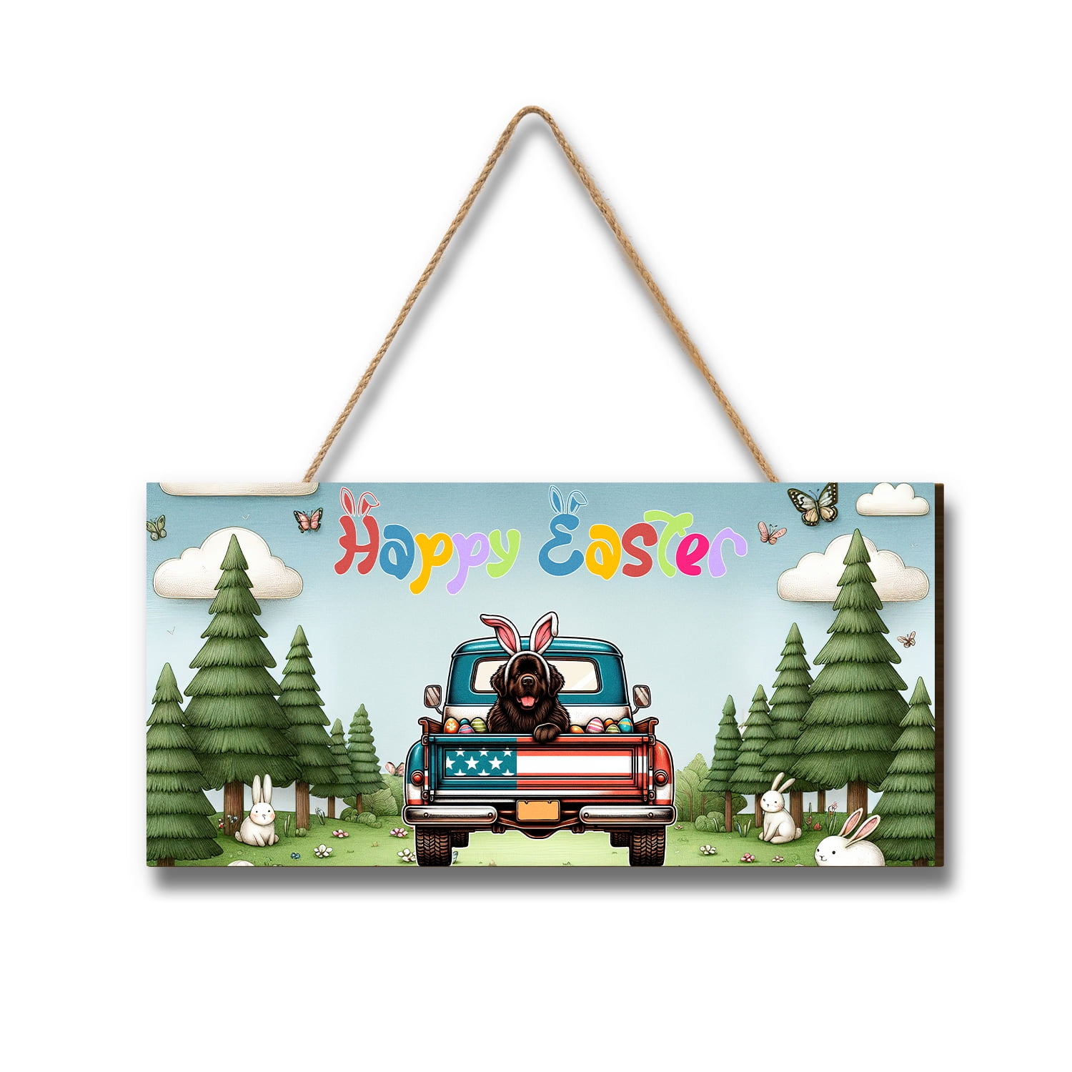 Happy Easter Newfoundland American Flag Truck Bunny Ears Landscape Wood ...
