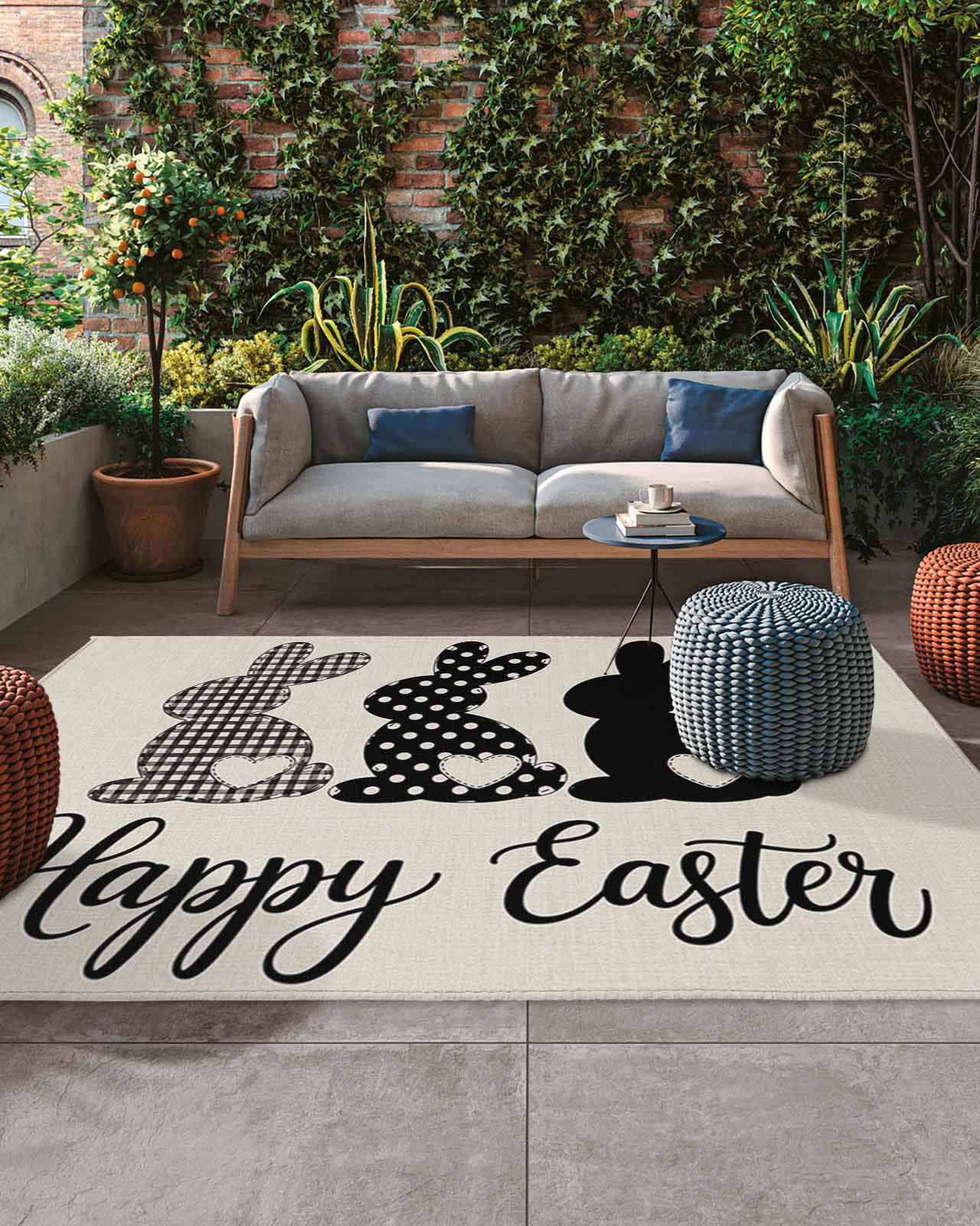 Happy Easter Outdoor Rug, Country Black White Plaid Dots Love Rabbits ...