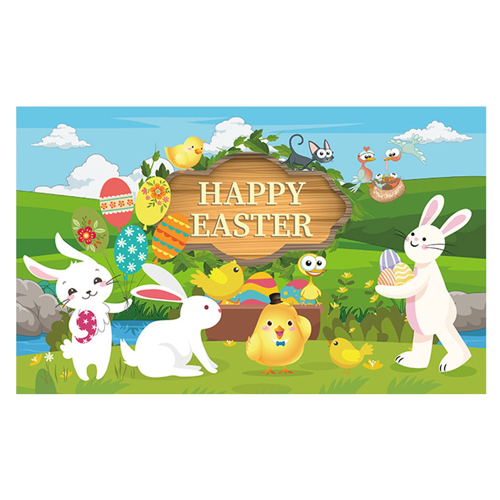 Happy Easter Party Backdrop Banner, Spring Easter Rabbit Eggs And Chick ...