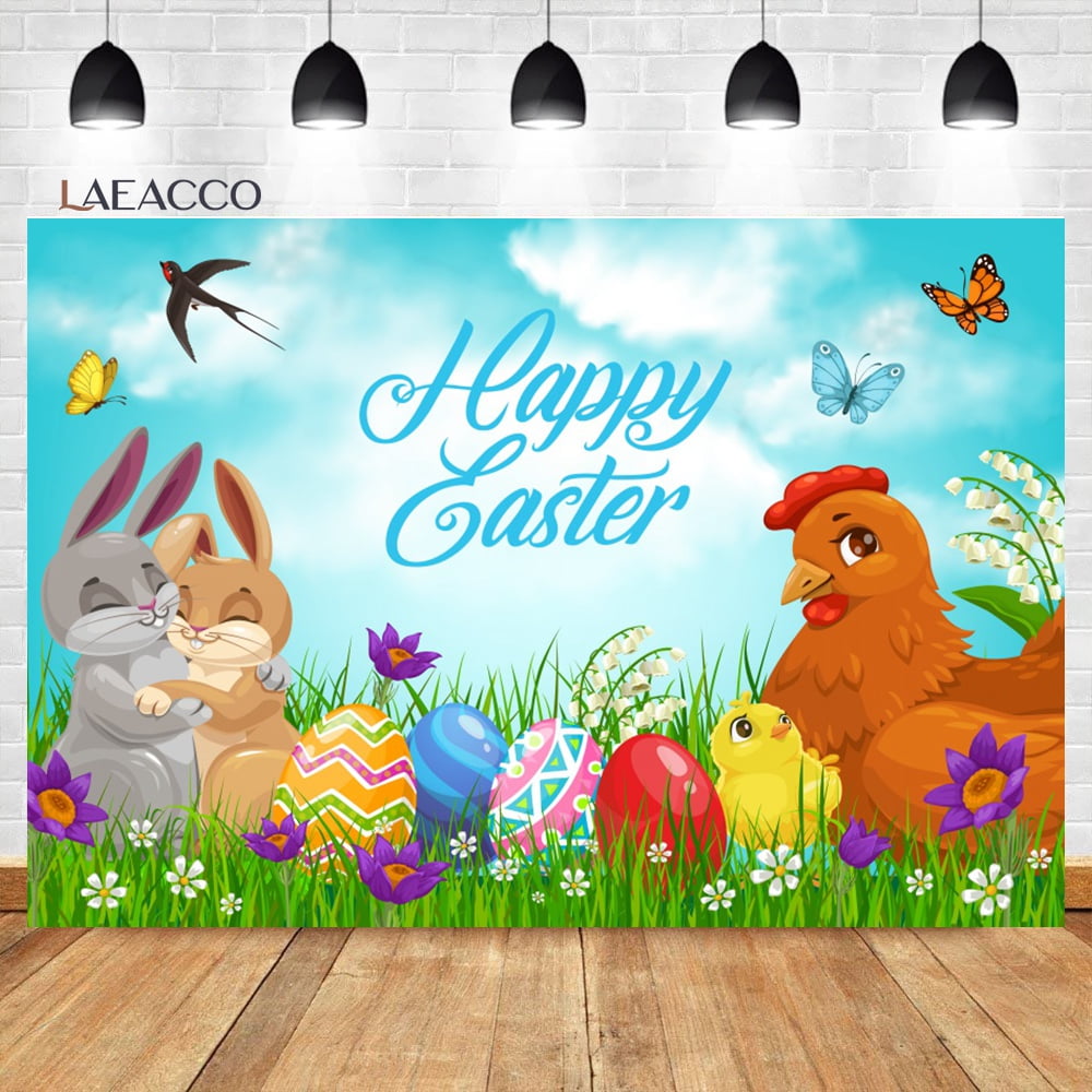 Happy Easter Party Backdrop Spring Garden Green Grass Yard Rabbit ...