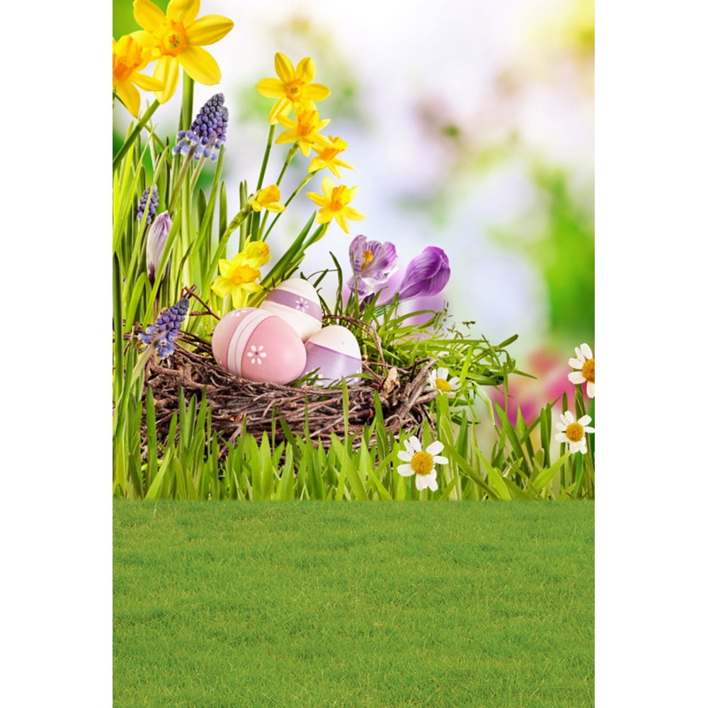 Happy Easter Photography Backdrop Spring Eggs Bunny Rabbit Flower Grass ...