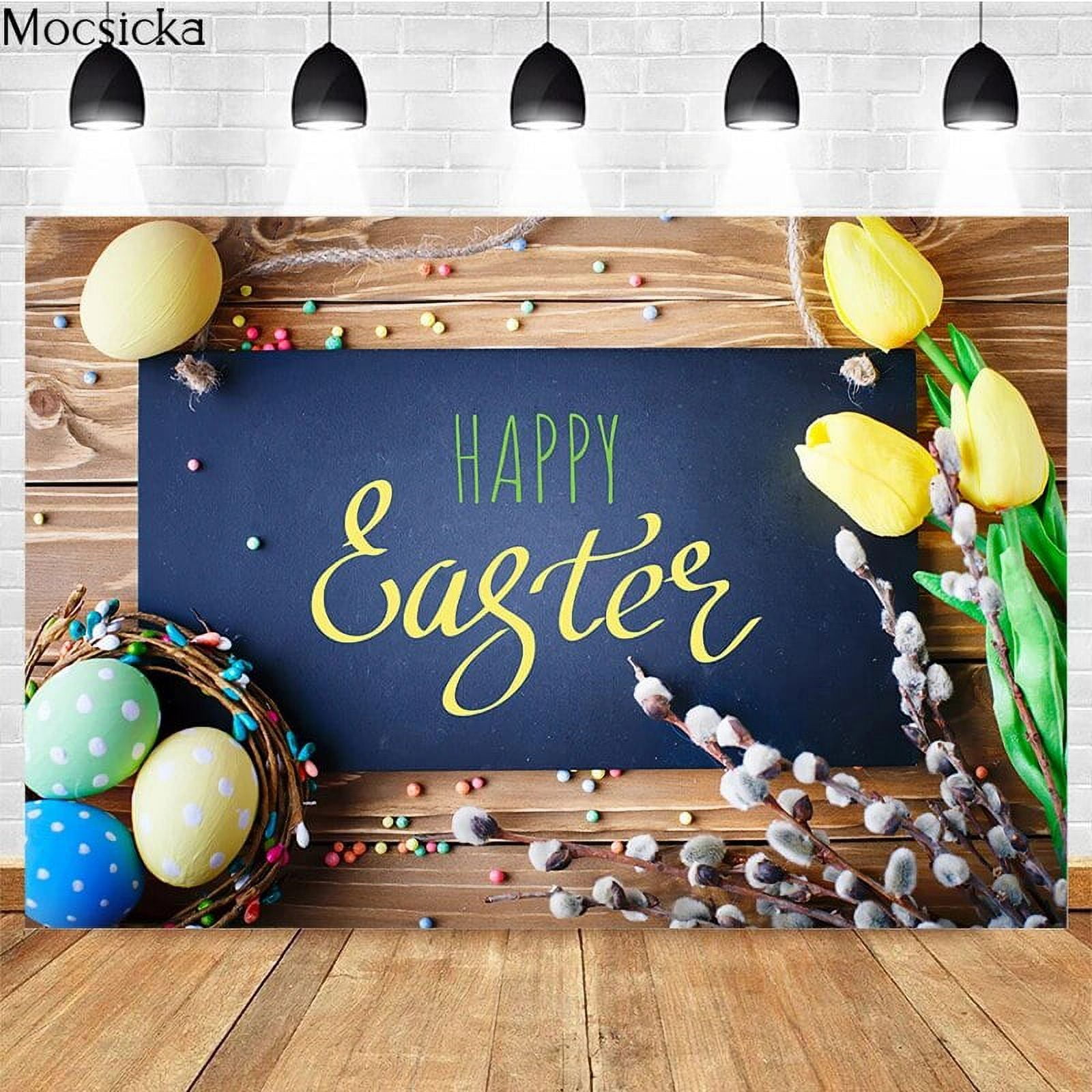 Happy Easter Photography Background Eggs Wooden Board Cotton Decoration ...