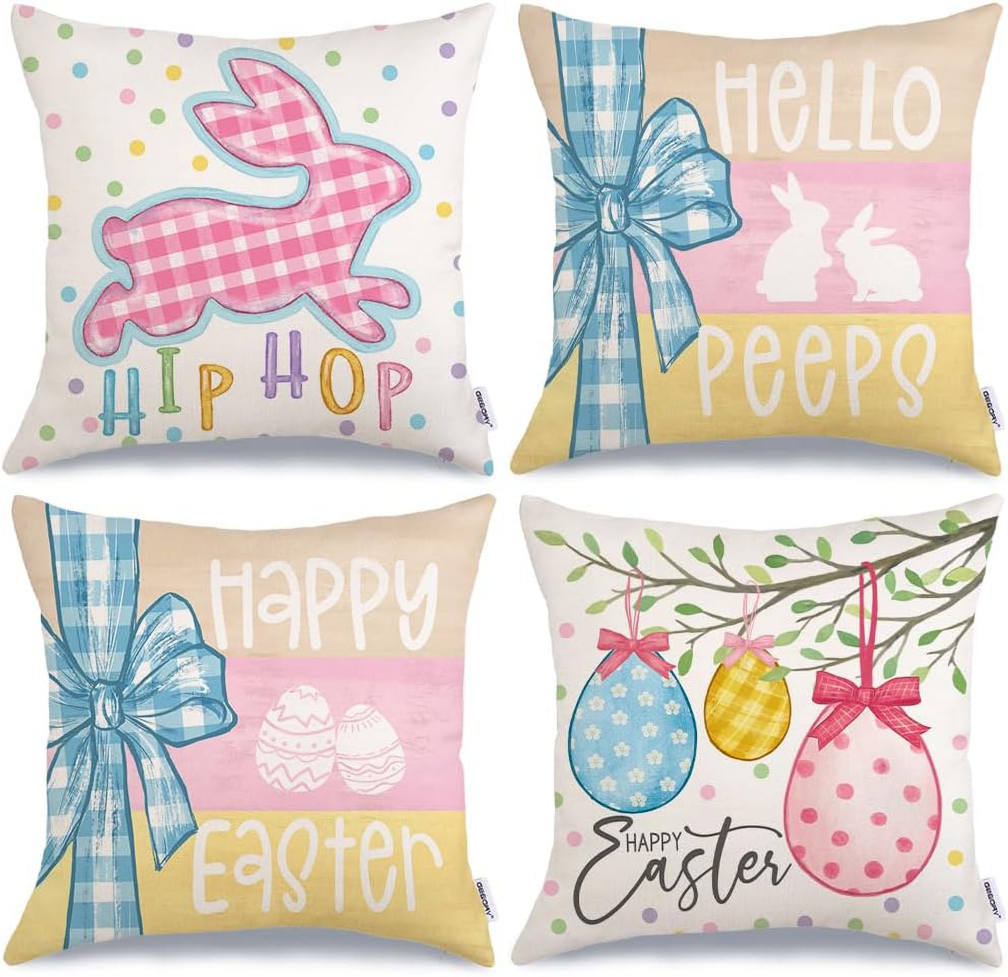 Happy Easter Pillow Covers 16x16 inch Set of 4, Rabbits Bunny Hello ...