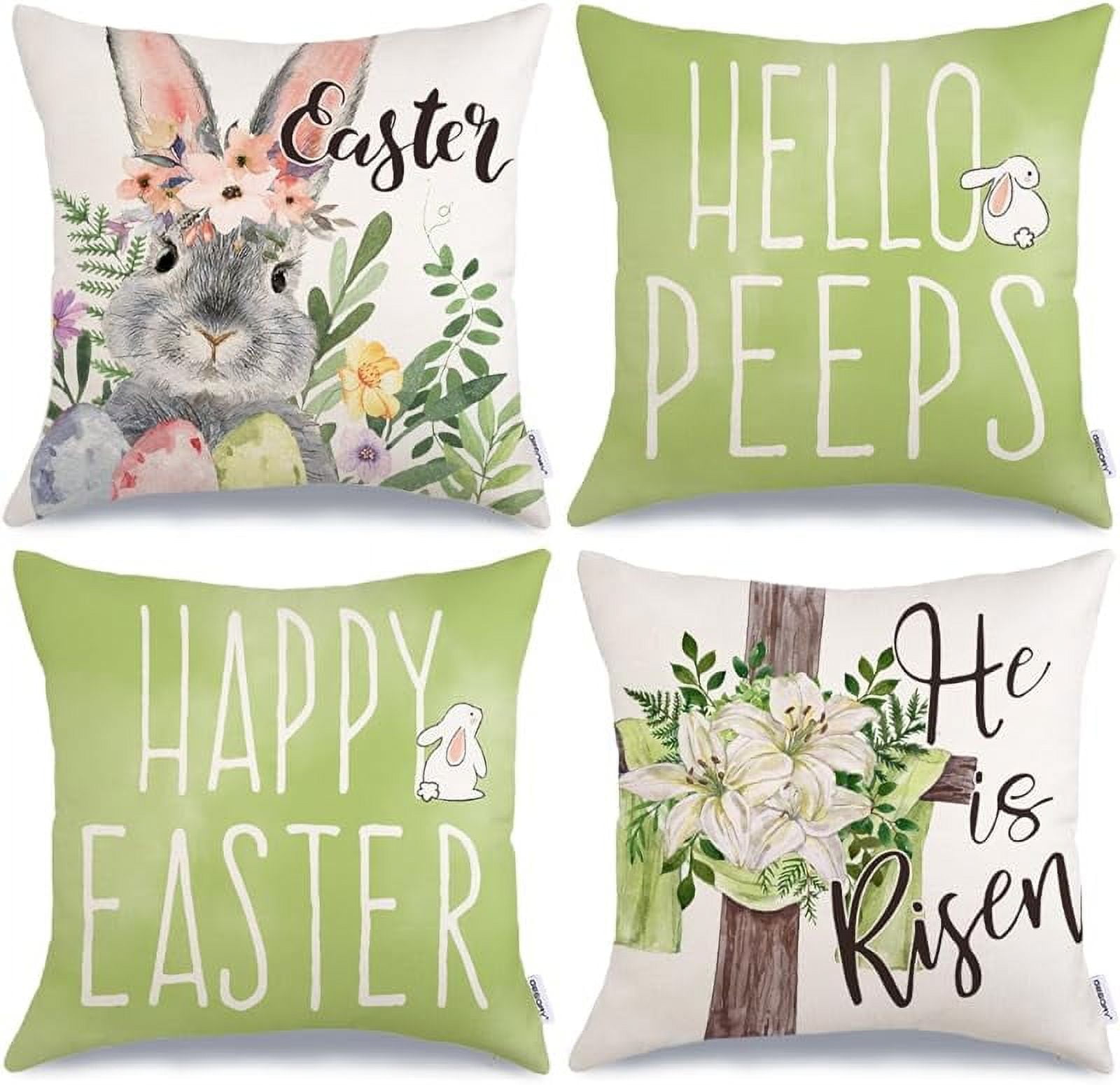Happy Easter Pillow Covers 18x18 Inch Set of 4, Floral Rabbit Bunny Hello Peeps Cross He is ...