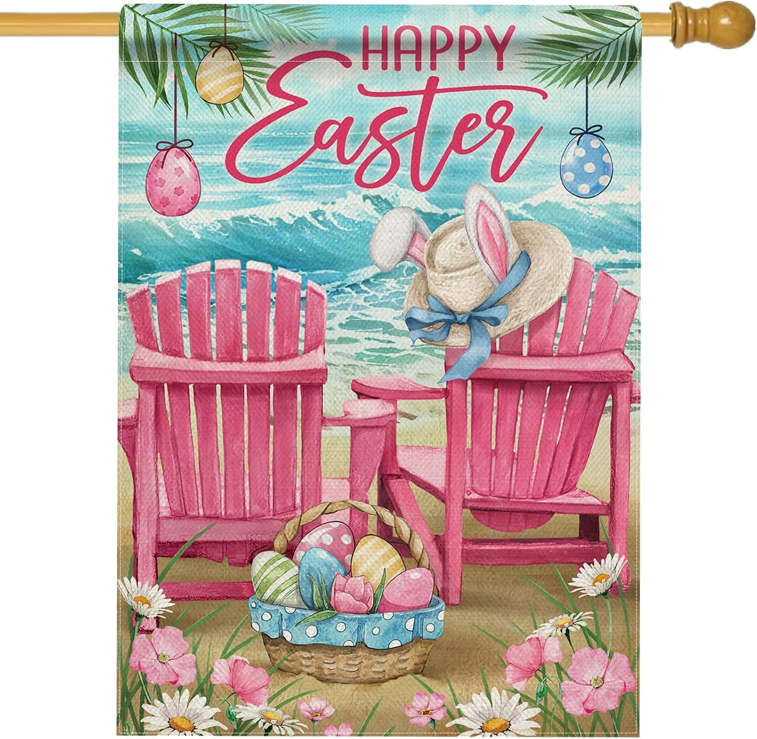Happy Easter Pink Chair House Flag Double Sided, Eggs Basket Coastal ...