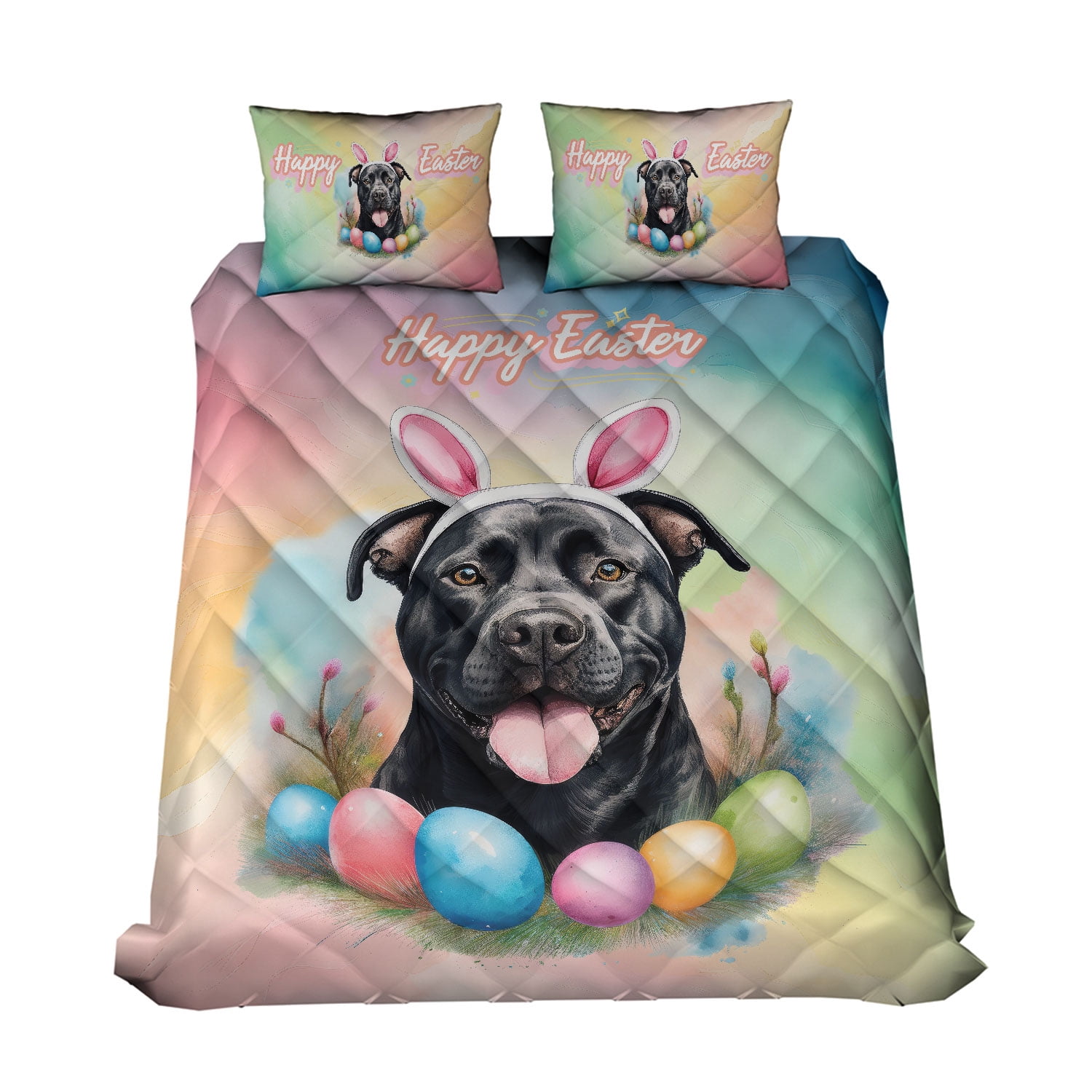 Happy Easter Pitbull with Bunny Ear Headband and Flowers Quilt Bedding ...