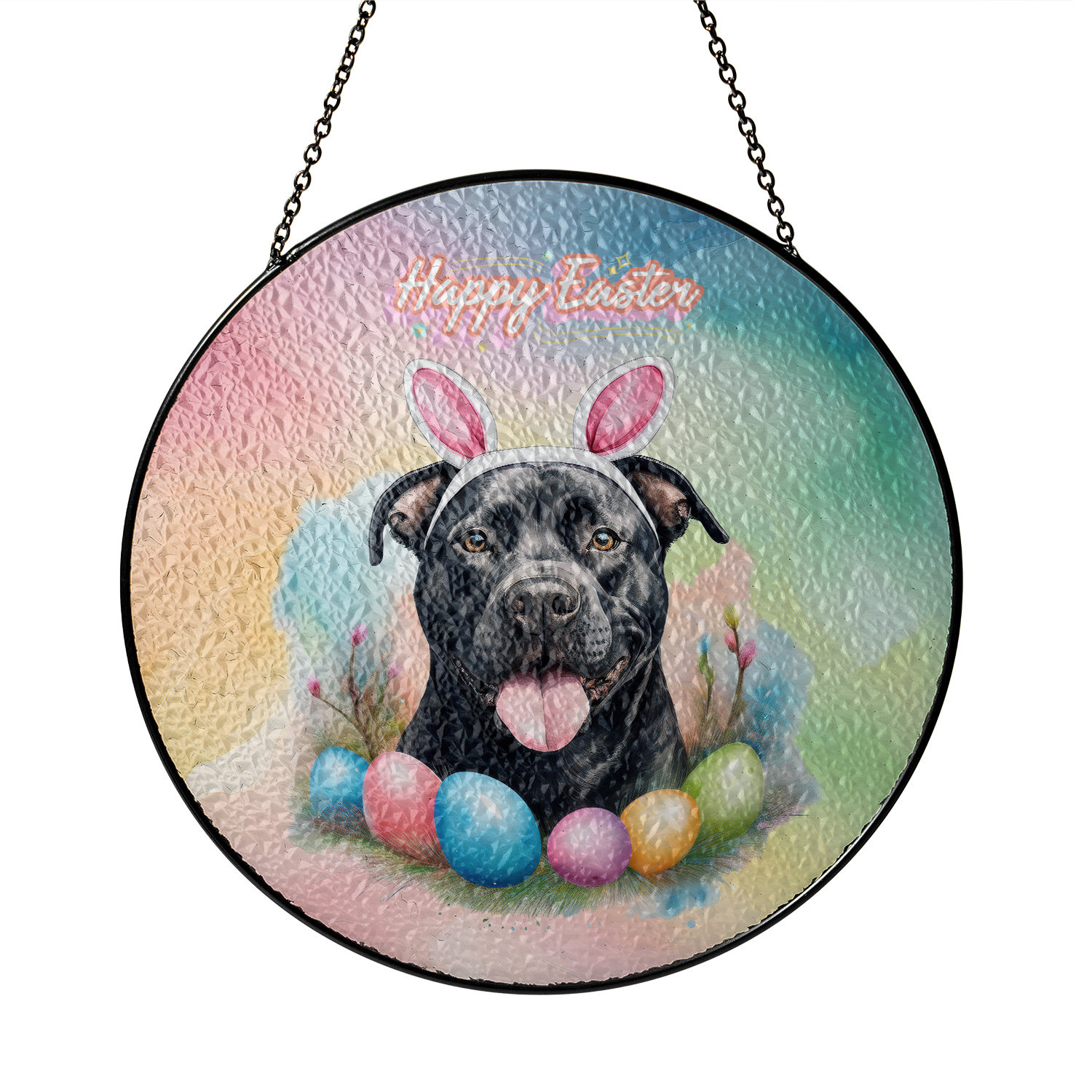 Happy Easter Pitbull with Bunny Ear Headband and Flowers Stained Glass ...