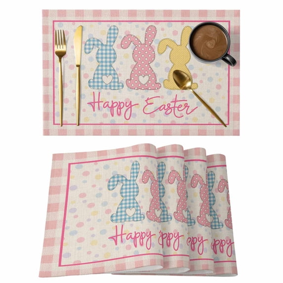 Happy Easter Placemats Set of 1, Blue Pink Yellow Bunny Polka Dots ...