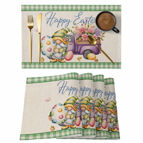 Happy Easter Placemats Set of 1, Gnome Eggs Truck Floral Linen Texture ...