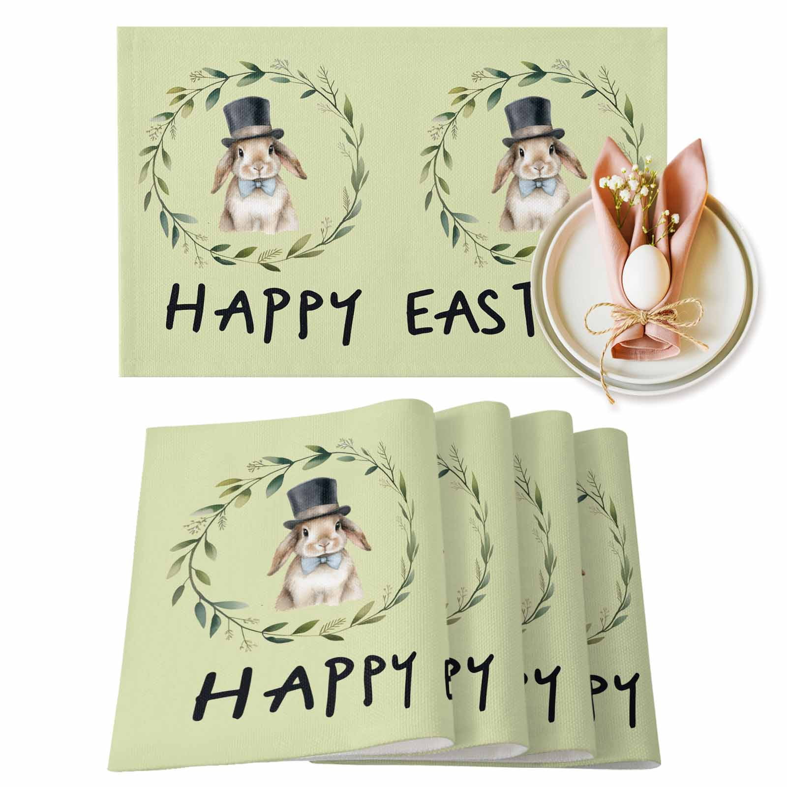 Happy Easter Placemats Set of 1, Spring Hat Bunny Leaf Wreath Yellow ...