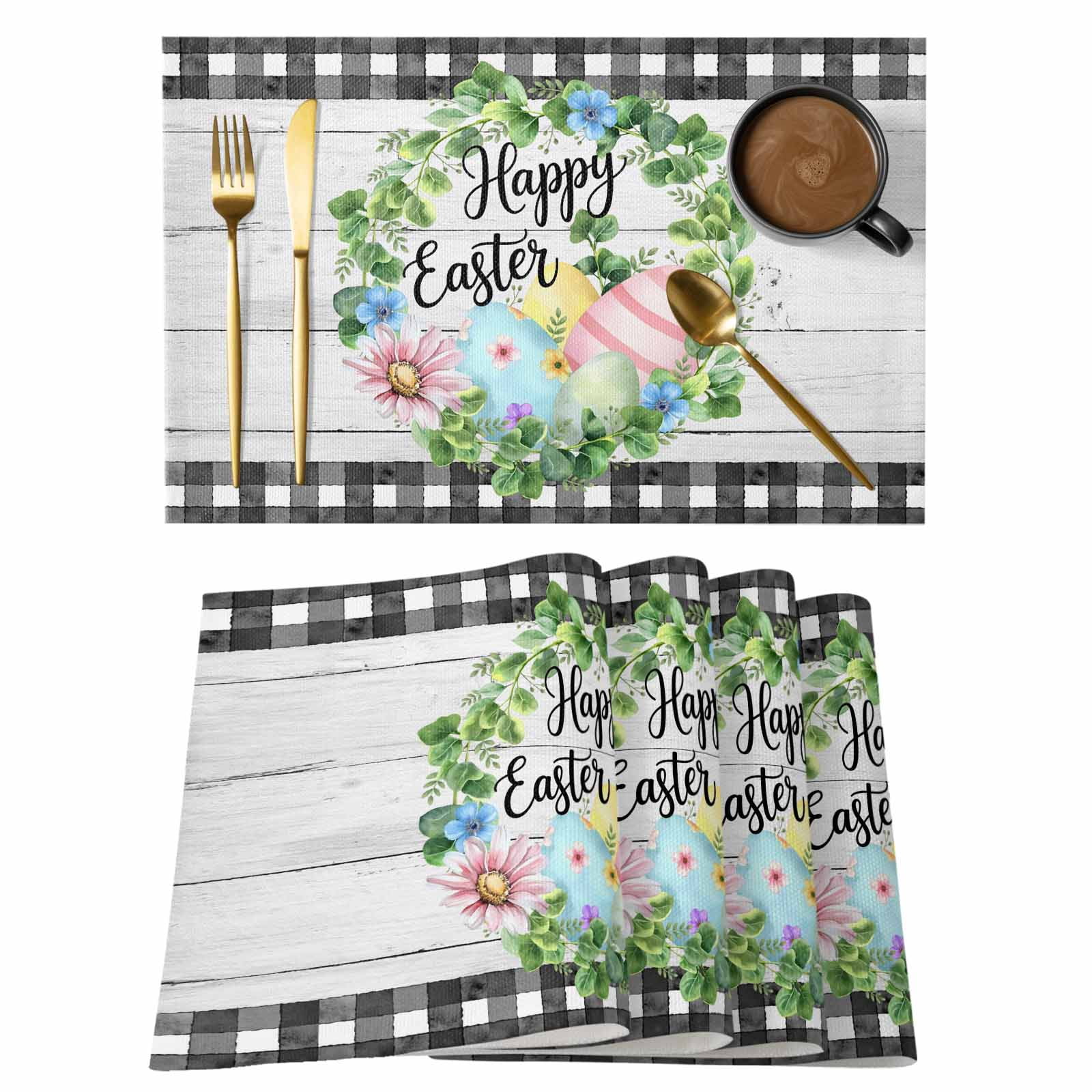 Happy Easter Placemats Set of 4, Color Egg Jugal Leaf Flower Floral ...