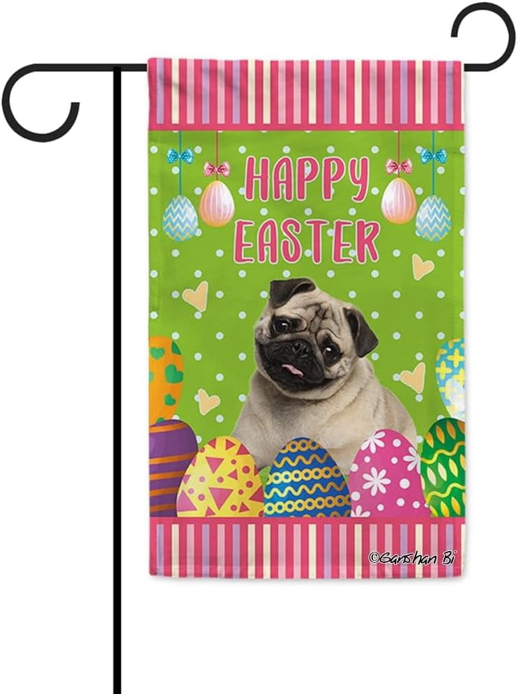 Happy Easter Pug Dog Garden Flag Colorful Eggs Stripe Holiday ...
