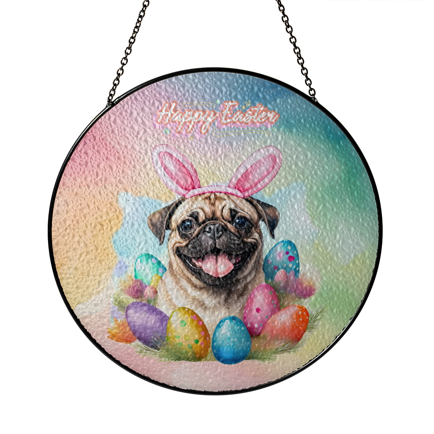 Happy Easter Pug with Bunny Ear Headband and Flowers Stained Glass Suncatcher Dog Lover Gifts ...