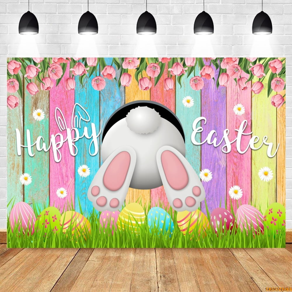Happy Easter Rabbit Backdrop Cartoon Bunny Spring Flower Grass Baby ...