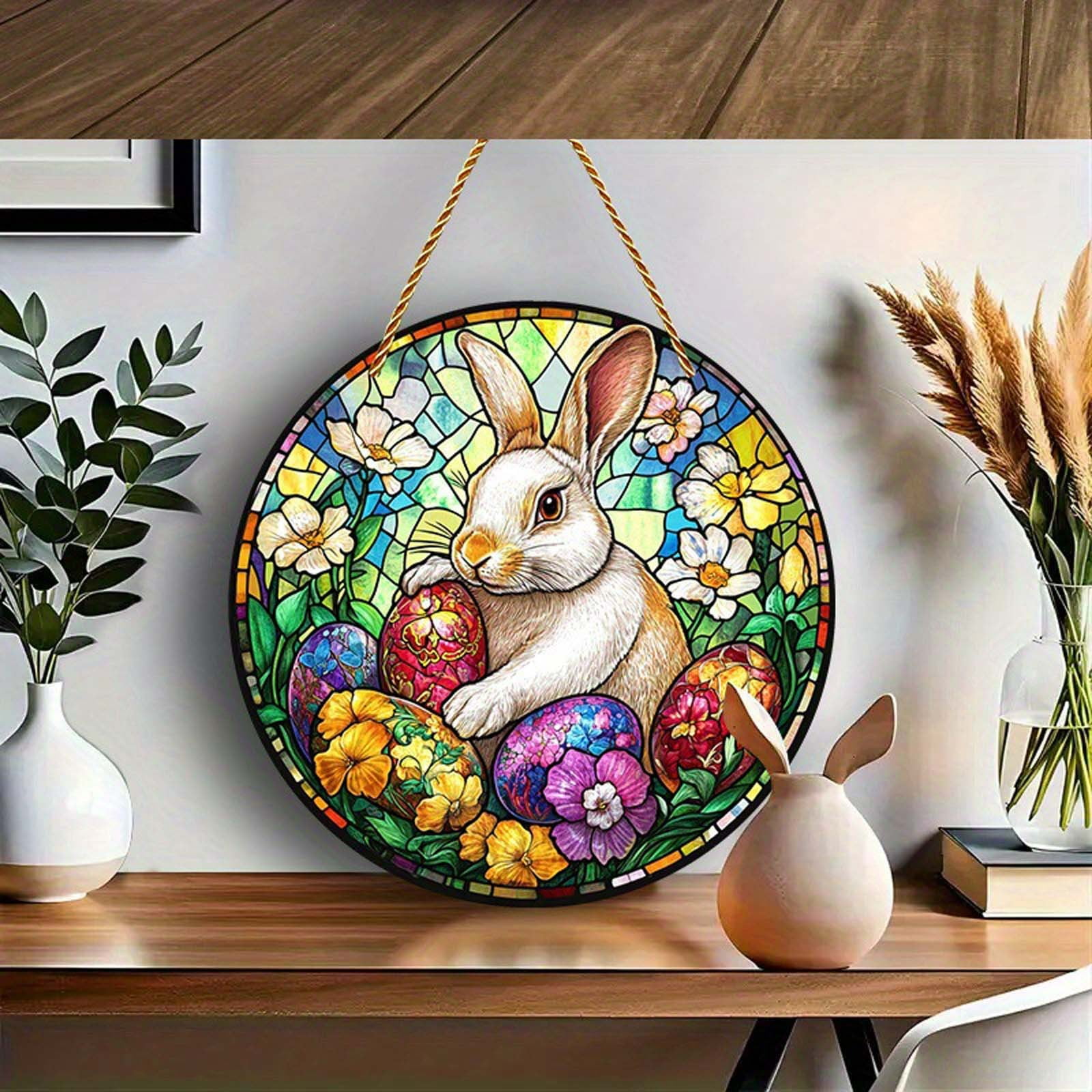 Happy Easter Rabbit Eggs and Flowers Stained Window Hangings Ornament ...