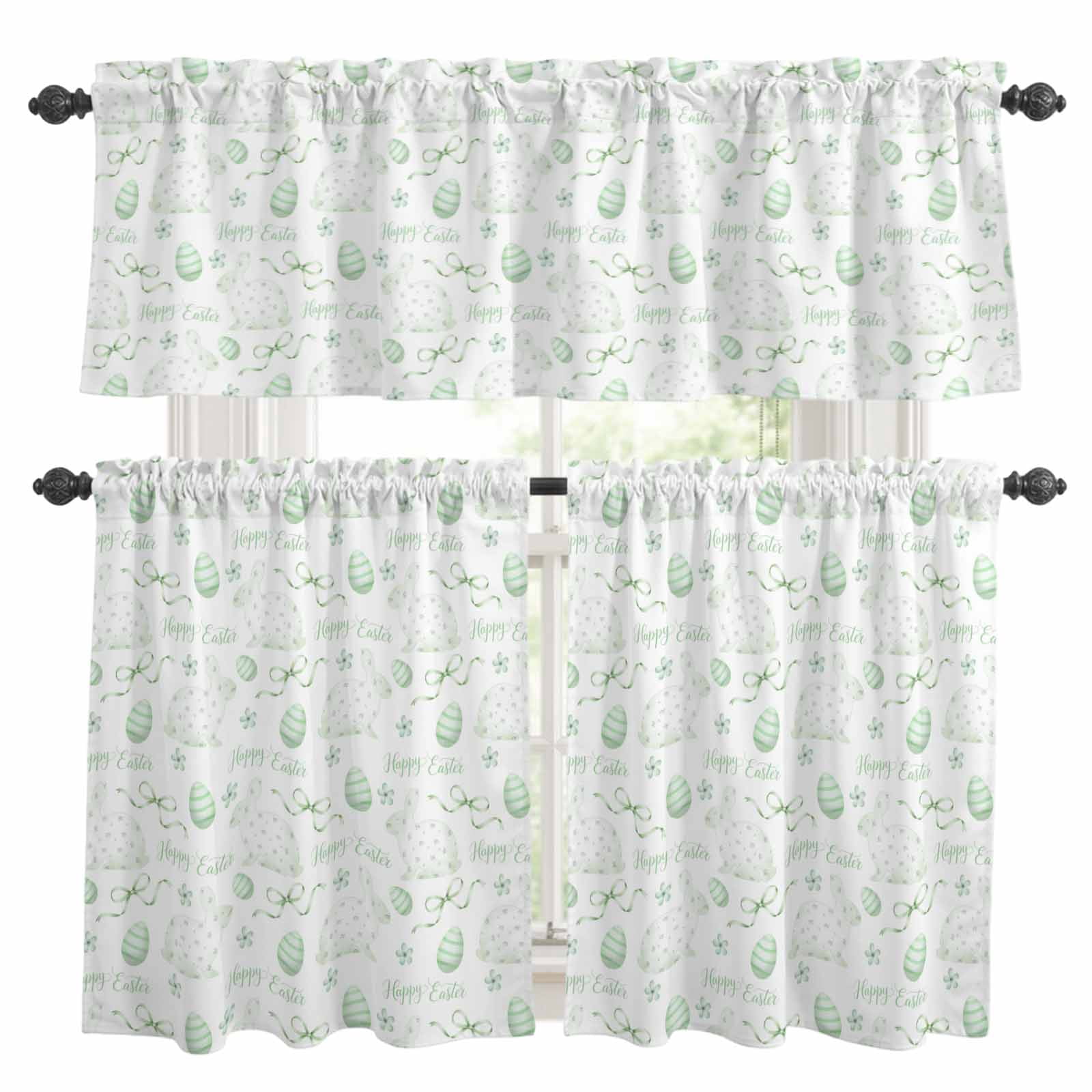 Happy Easter Rabbits Kitchen Curtains and Valances Set, Green Eggs ...
