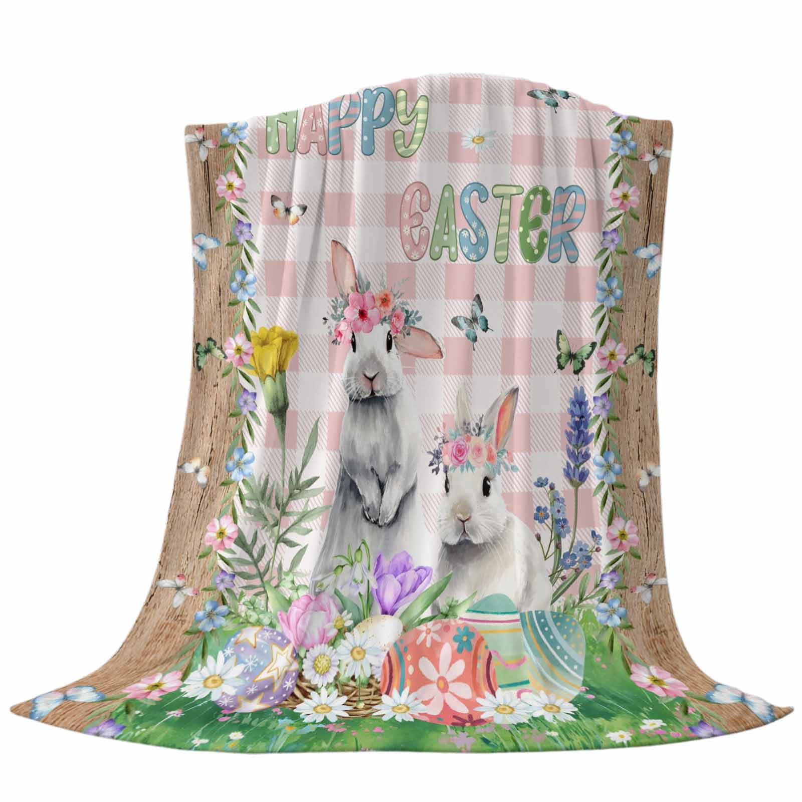 Happy Easter Rabbits Throw Flannel Blanket Spring Pink Flower Eggs ...