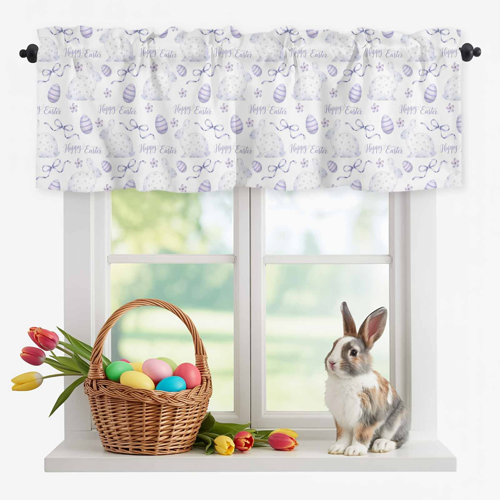 Happy Easter Rabbits Valances for Windows, Purple Eggs Flower Ribbon ...