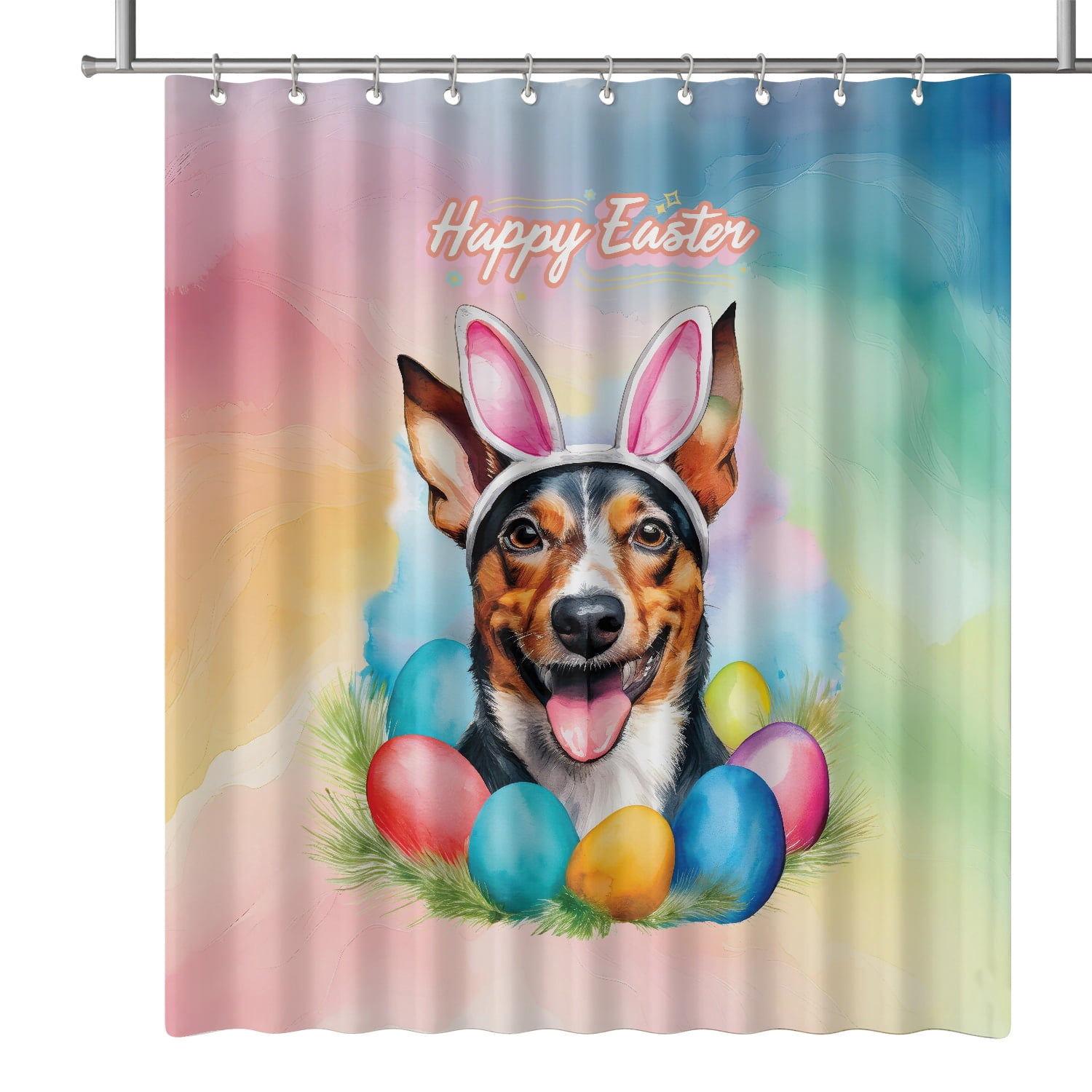 Happy Easter Rat Terrier with Bunny Ear Headband and Flowers Shower ...
