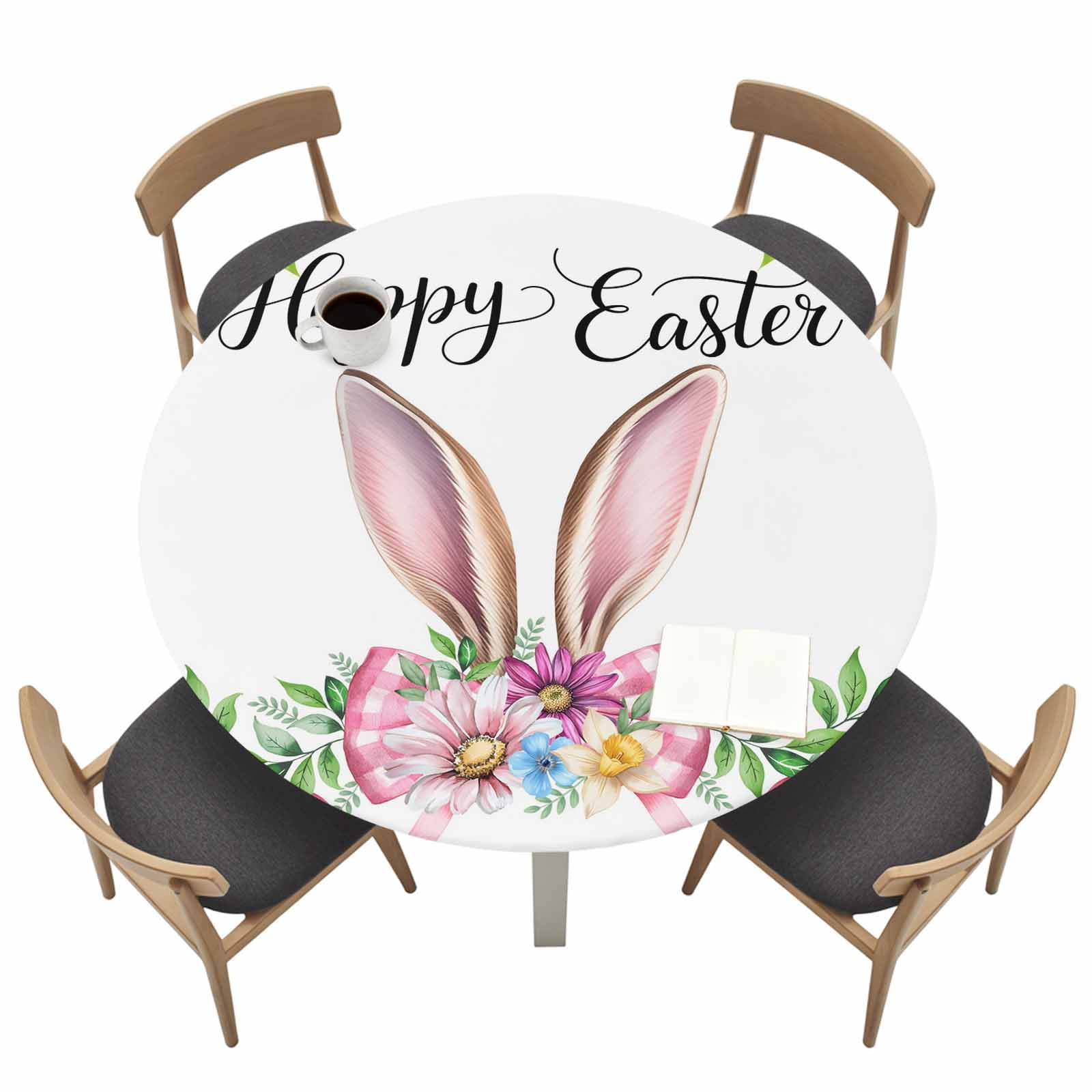 Happy Easter Round Fitted Tablecloth with Elastic Edge Daisy Rabbit Ear ...