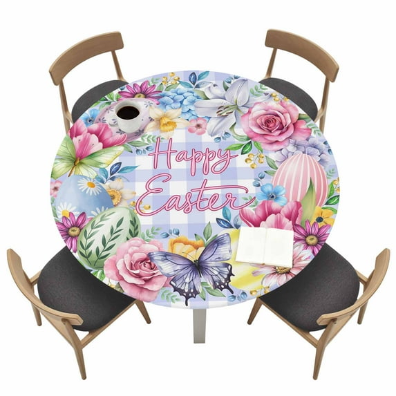 Happy Easter Round Fitted Tablecloth with Elastic Edge Eggs Flower ...