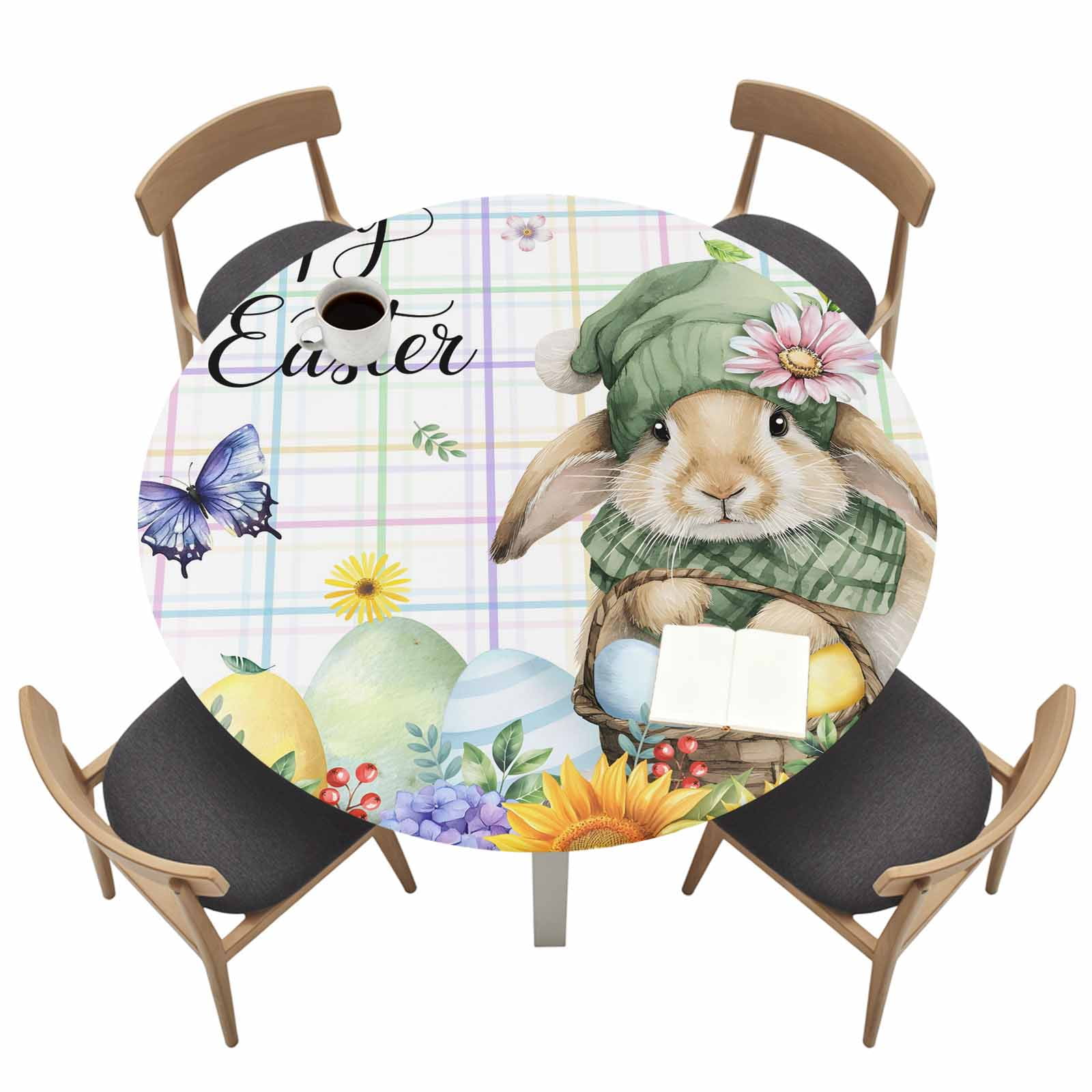 Happy Easter Round Fitted Tablecloth with Elastic Edge Rabbit Color Egg ...