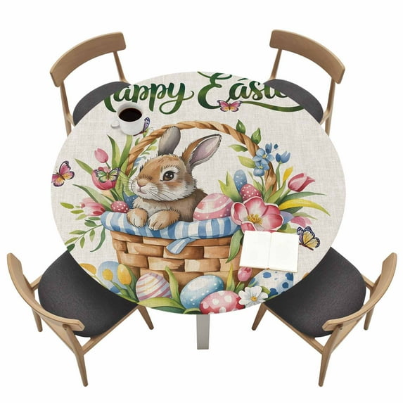 Happy Easter Round Fitted Tablecloth with Elastic Edge Vintage Rabbit ...