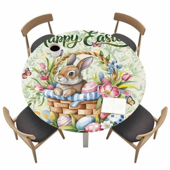 Happy Easter Round Fitted Tablecloth with Elastic Edge Vintage Rabbit ...